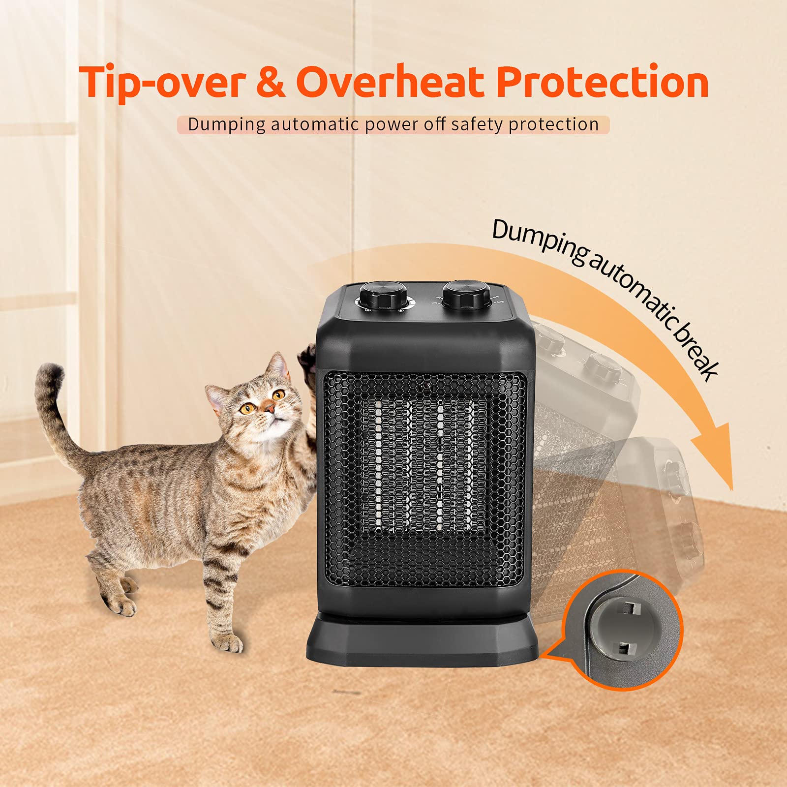 EVELYN Oscillating Space Heater, 1500W Electric Heaters Portable with Thermostat, Safe and Quiet, PTC Fast Heating Ceramic Room Small Heater Fan for Home Office Indoor Use