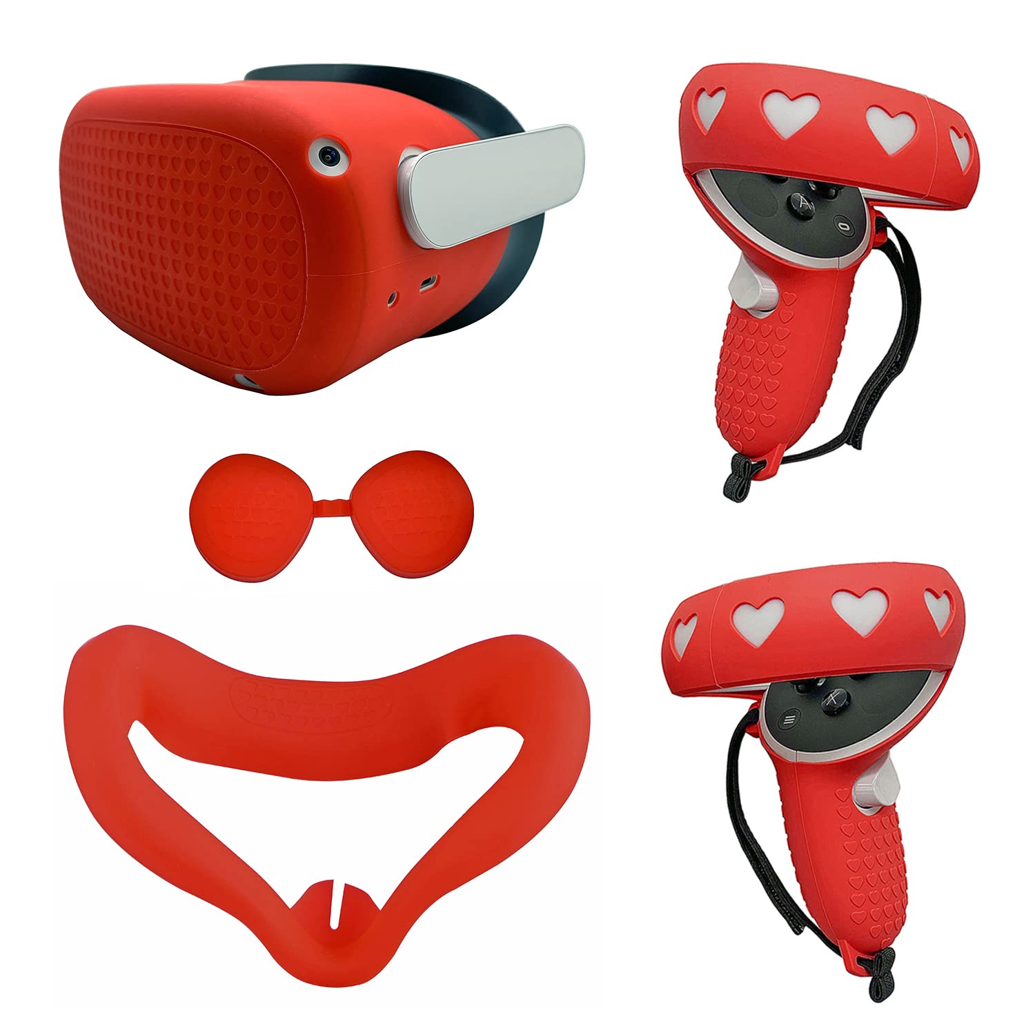 AreMe Silicone Skin Case Protector Accessories kit for Meta/Oculus Quest 2, with VR Shell Front Cover, Face Cover, Protective Lens Cover, Touch Controller Grips Cover (Red)