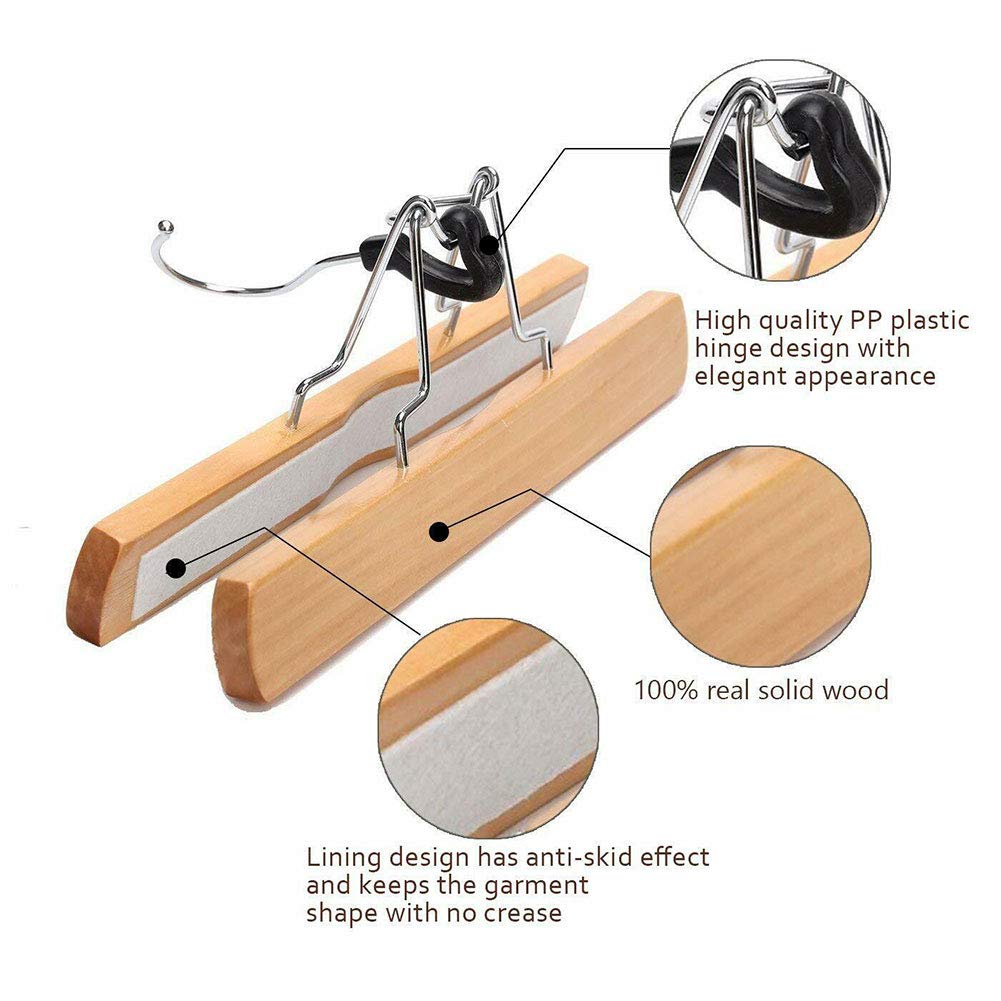 CALIDAKA Wooden Pants Hangers with Clips, Adjustable Clips, Trouser Hangers, Clothes Coat Garment Jeans Hangers, Anti Fall Clothes, Space Saving(Brown)