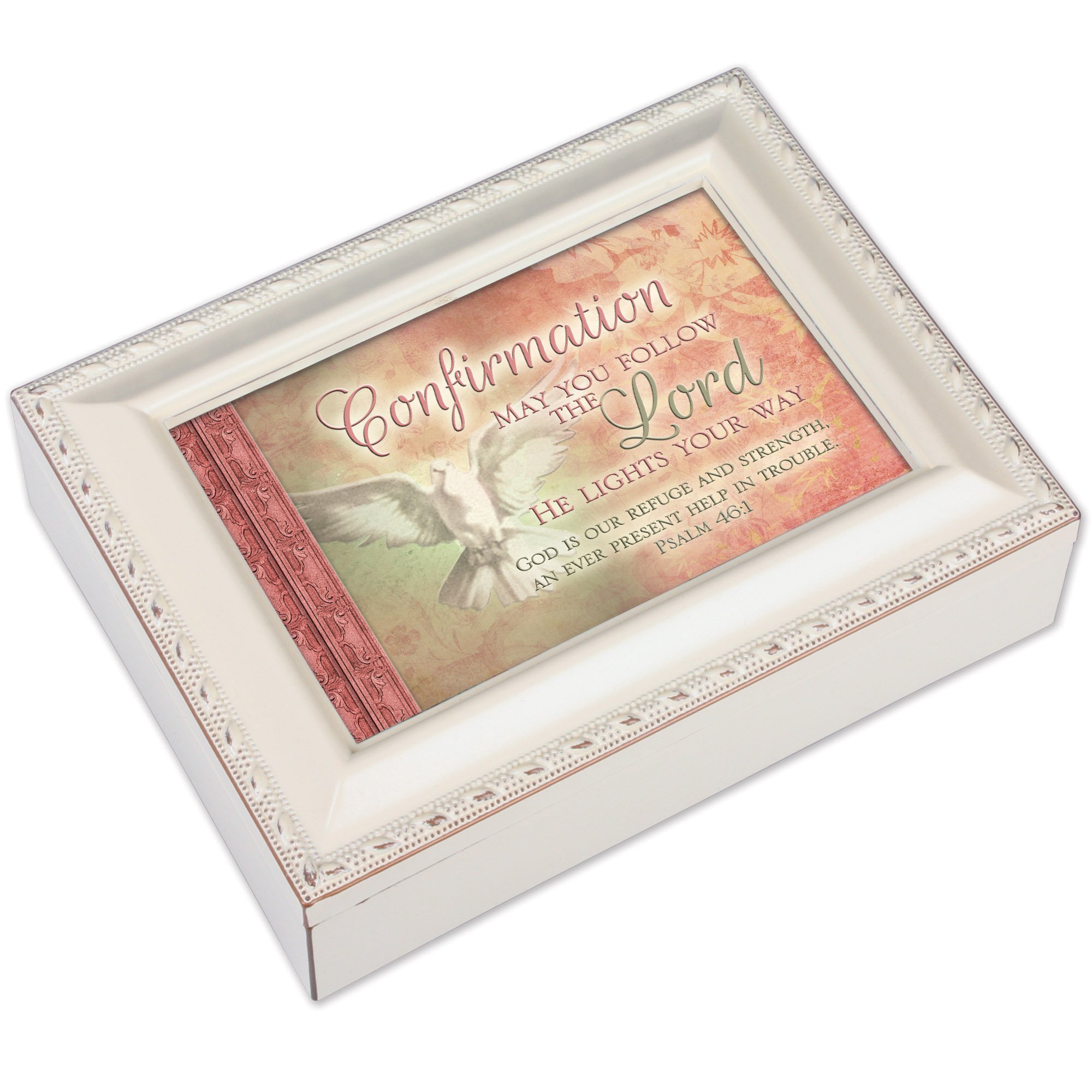 Confirmation May You Follow the Lord Ivory Rope Trim Jewelry Music Box Plays Ave Maria