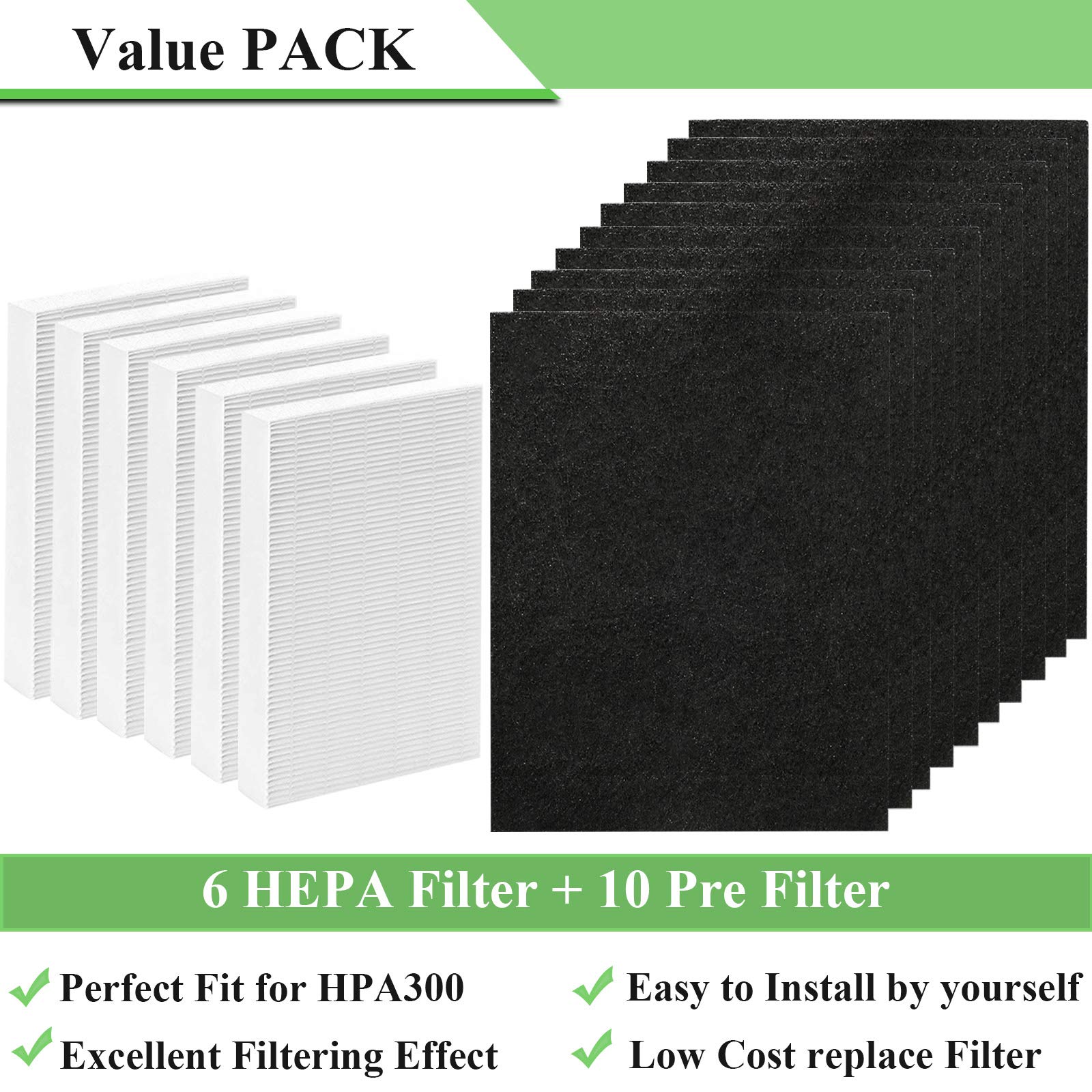 GuanQiao 6 Pack HEPA Filters R, 10 Pre-Cut Pre Filters A Replacement Filter R Compatible with Honeywell 300, HPA300 Series, HRF-R3 & HRF-R2 & HRF-R1