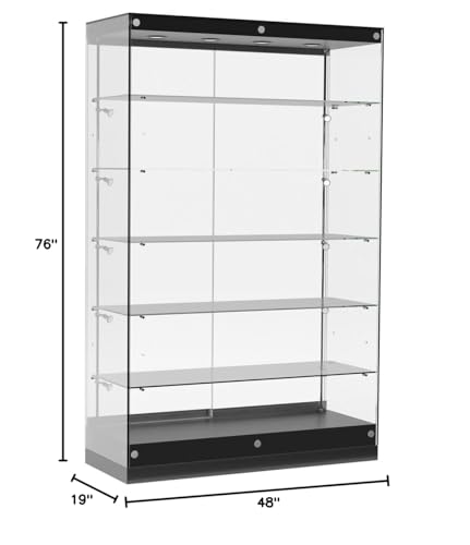 Displays2go 4’ Frameless Glass Showcases with LED Lighting, Adjustable Shelves, Locking, MDF – Black (GTAP48LEDB)