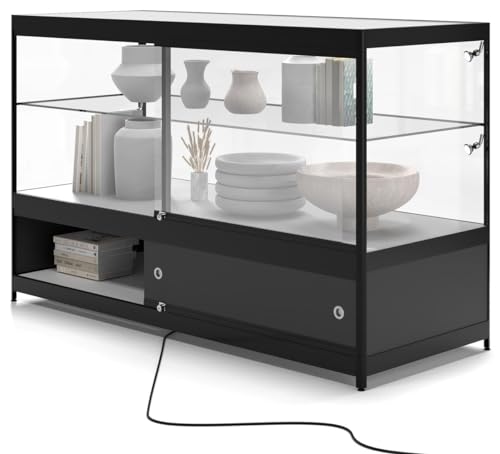Displays2go 60 Inch Glass Showcase, Hidden Storage, LED Lights, Lockable Sliding Door - Black (IAPHV60LED)