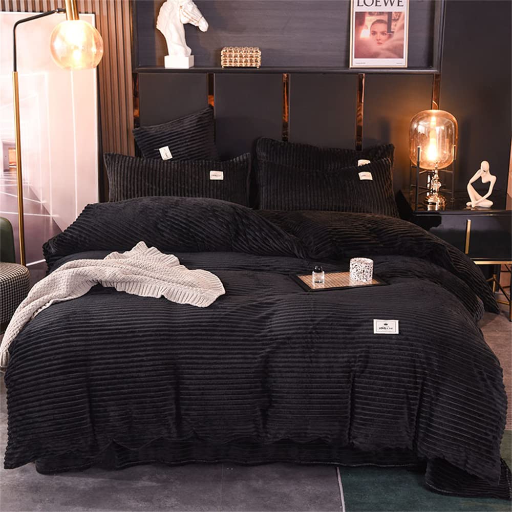 Gusuhome Luxury Fluffy Corduroy Duvet Cover Set Queen Size 3PCS Faux Fur Comforter Cover Set Fuzzy Soft Flannel Striped Solid Color Bedding Set Zipper Closure (Black