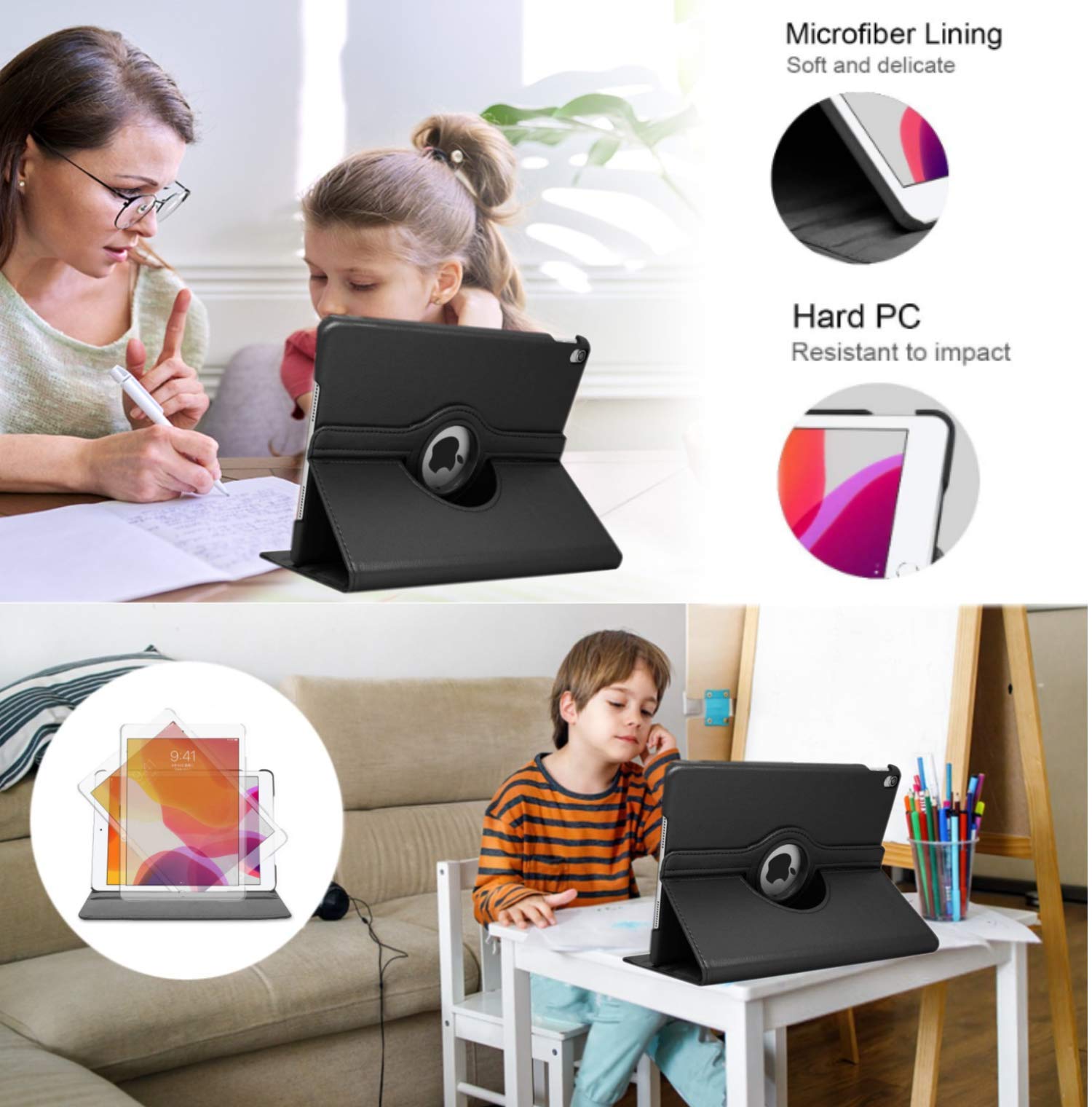 Tendmart Case Compatilbe with ipad 9th 7th / 8th Generation 10.2 inch Model MK2K3LL/A MK2L3LL/A MK2N3LL/A, MK2P3LL/A- 360 Degree Rotating Protective Stand Cover Auto Wake Sleep (Black)