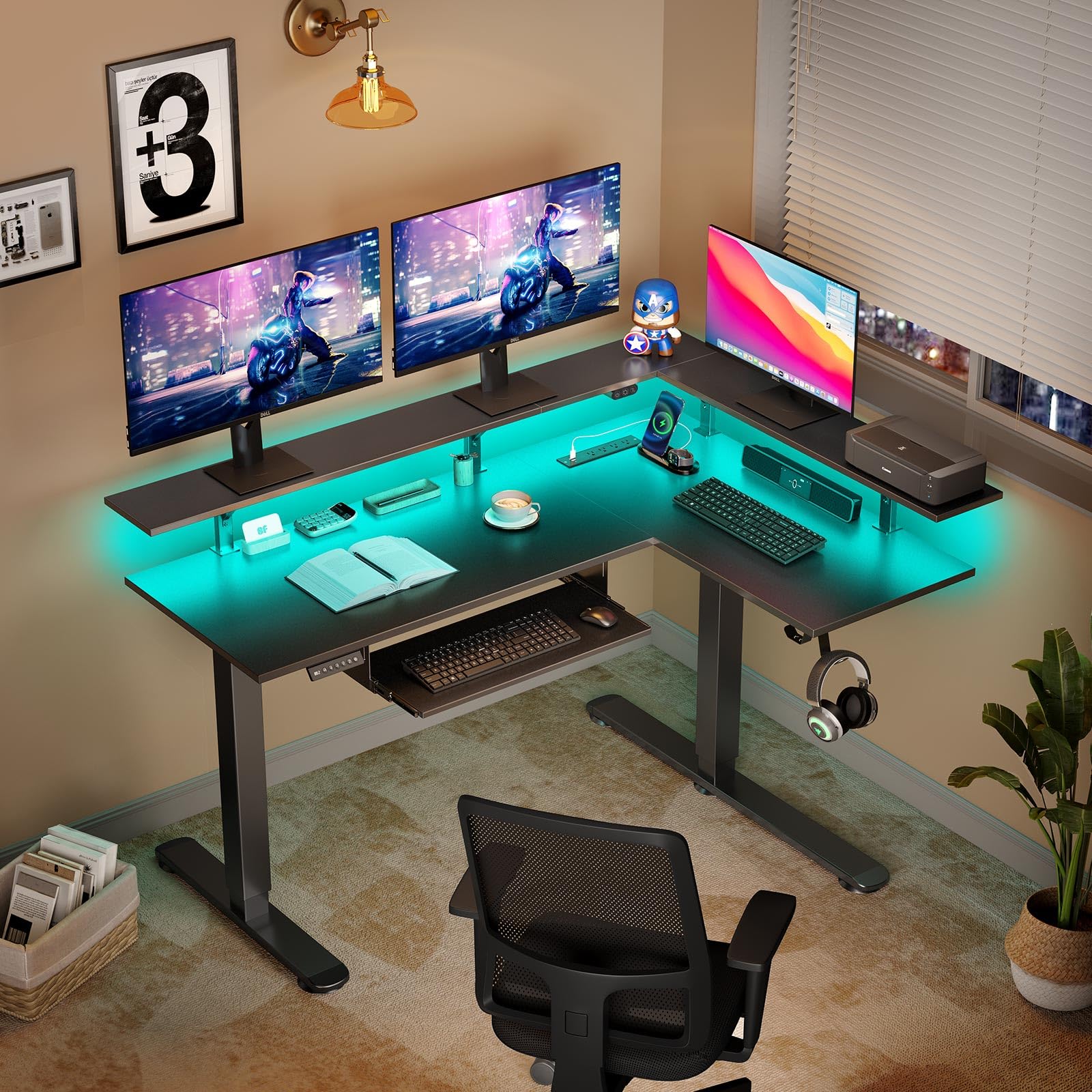 Rolanstar L Shaped Standing Desk with LED Light and Power Outlet, Dual Motor Height Adjustable Electric Standing Desk with Monitor Stand & Keyboard Tray, 61.2" Sit Stand Desk Black