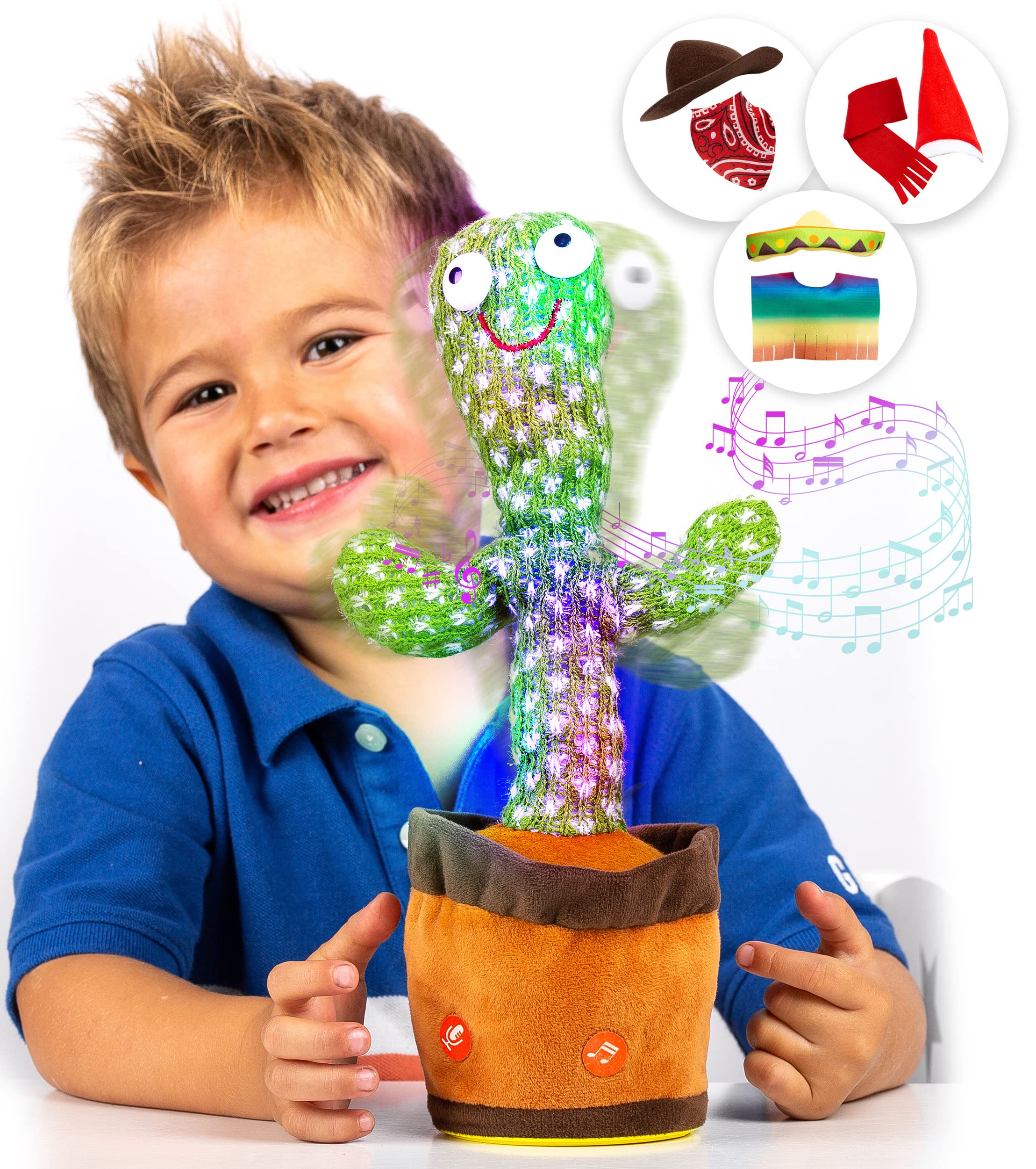 Chuchik Dancing Talking Cactus Toy for Babies - 60 Songs, 3 Changeable Outfits, Glowing LED Lights (1 Pack)
