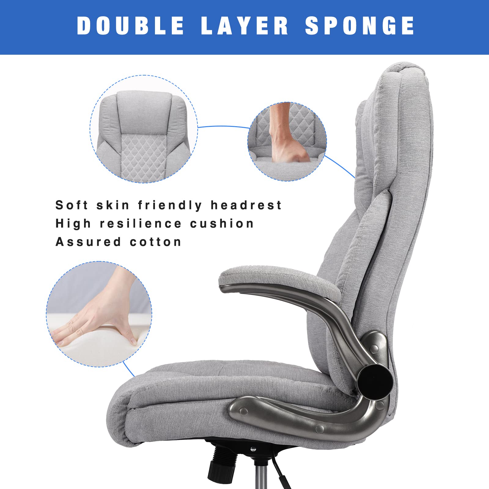 REFICCER Executive Office Chairs with Wheels, Fabric 90-120°Rocking Managerial Chair, Ergonomic High Back Swivel Home Desk Chairs with Flip up Arms and Height Adjustment, (Grey)