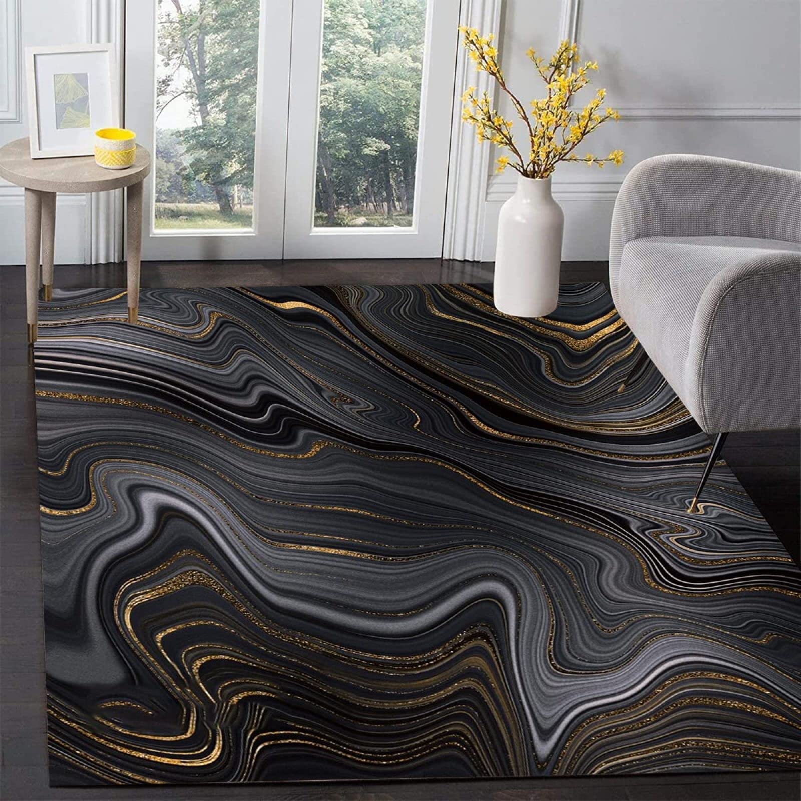 Black Grey Gold Marble Swirl Area Rug, Vintage Abstract Modern indoor Carpet, Rug with Non-Slip Backing Washable for Living Room Bedroom Home Office Floor Rug - 5ft x 7ft