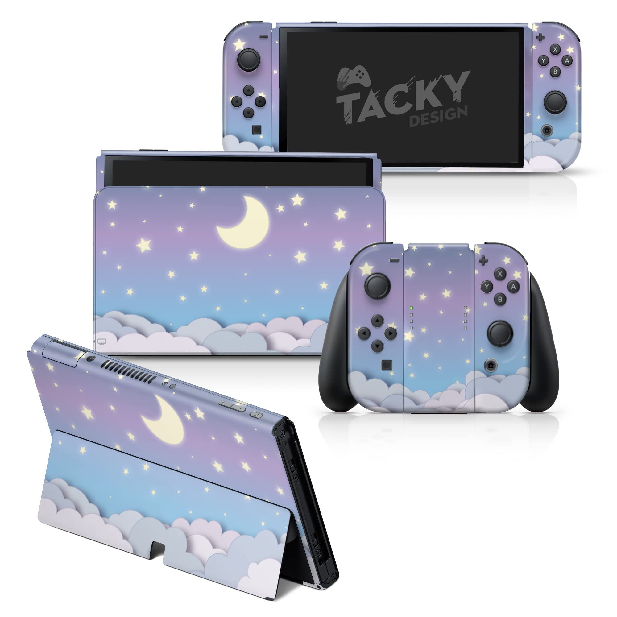 Tacky Design Purple Clouds Skin Compatible with Nintendo Switch OLED Skin Wrap Cover, Cute Moon Skin for Nintendo Switch OLED Stickers, Premium Vinyl 3M Full Wrap Decal