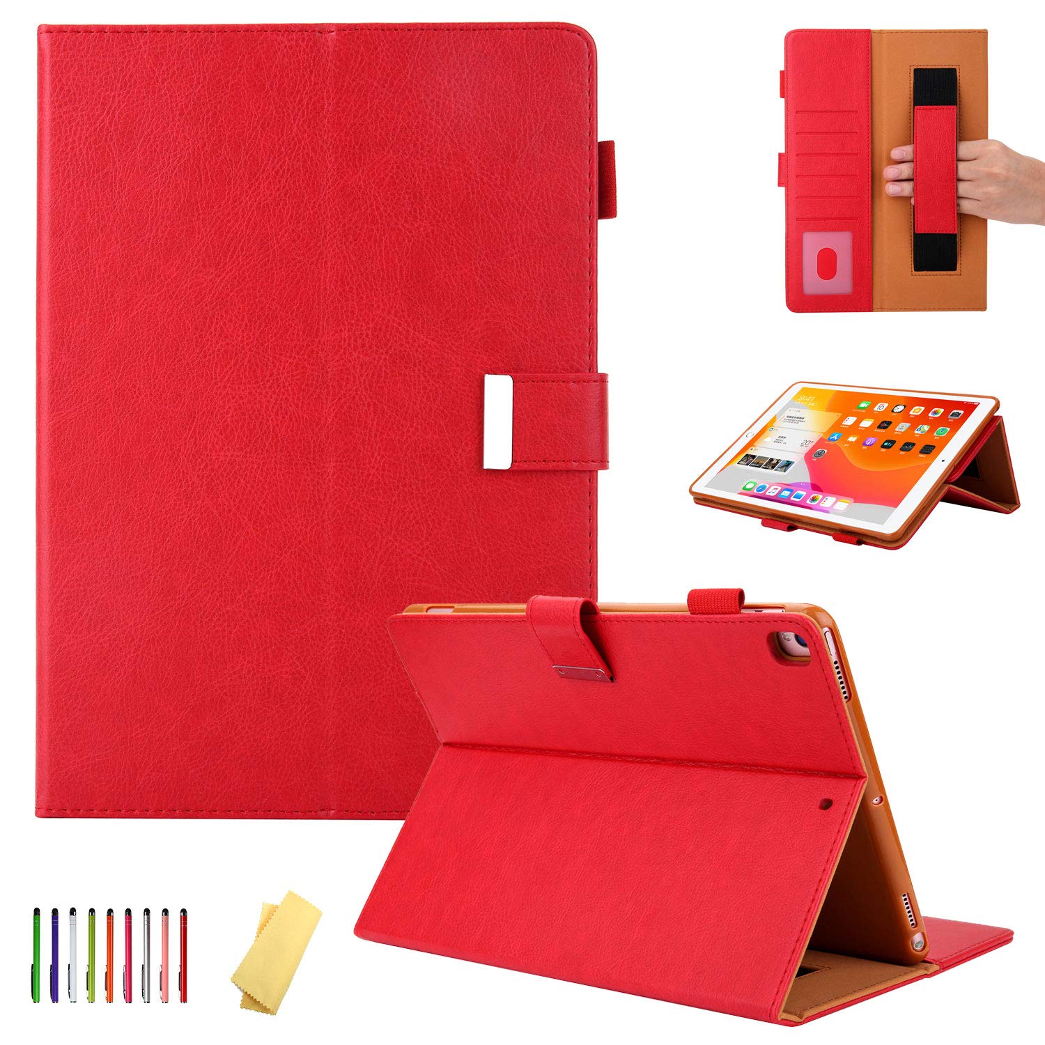 UUcovers Case for Apple iPad 10.2" 9th/8th/7th Generation (2021/2020/2019) & iPad Air 3 10.5 Inch (3rd Gen) & iPad Pro 10.5 Cover with Hand Strap Stand [Pencil Holder] Pocket [Auto Sleep/Wake], Red