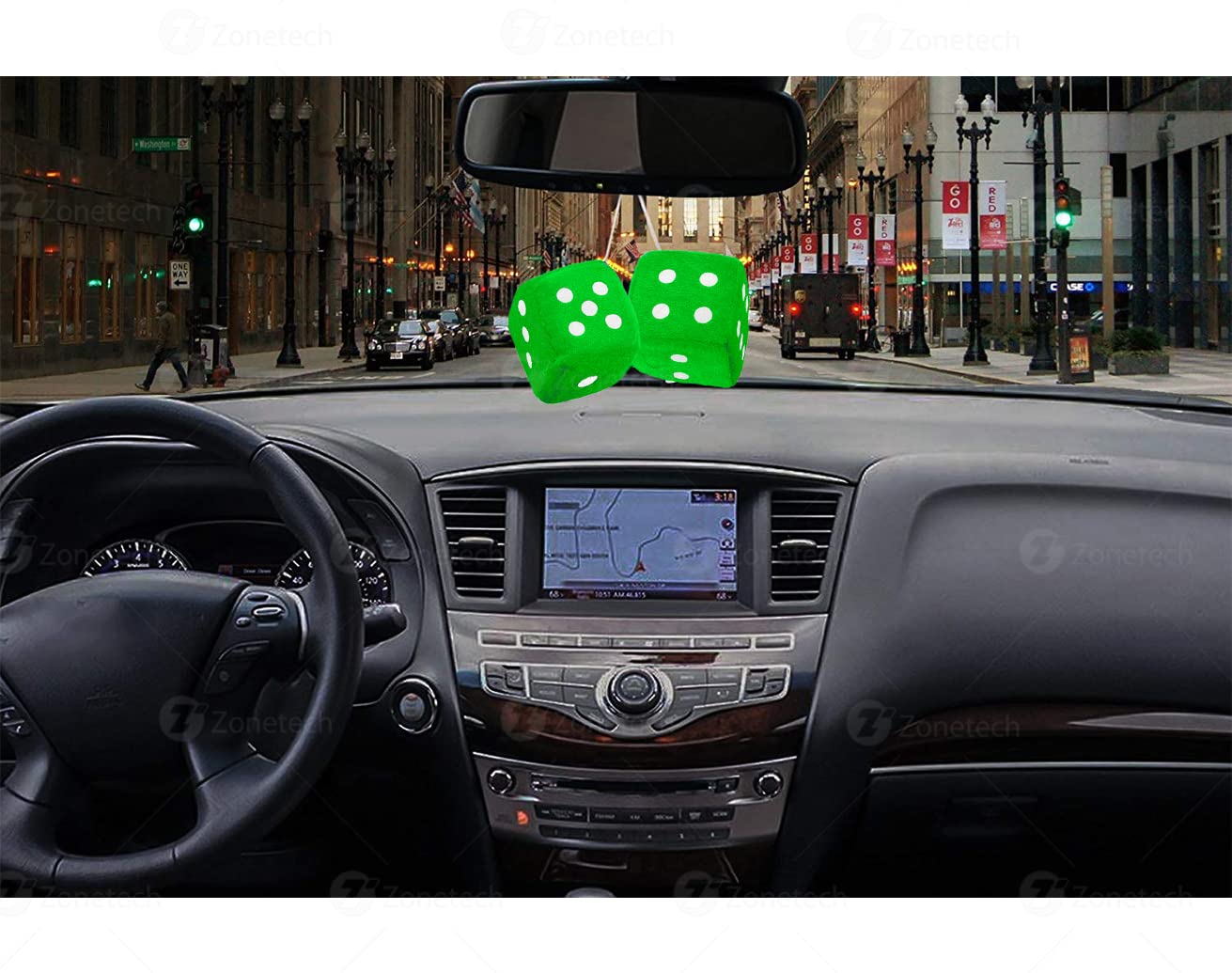 ZONETECH Green 3" Square Hanging Dice-Soft Fuzzy Decorative Vehicle Hanging Mirror Dice with White Dots - Pair
