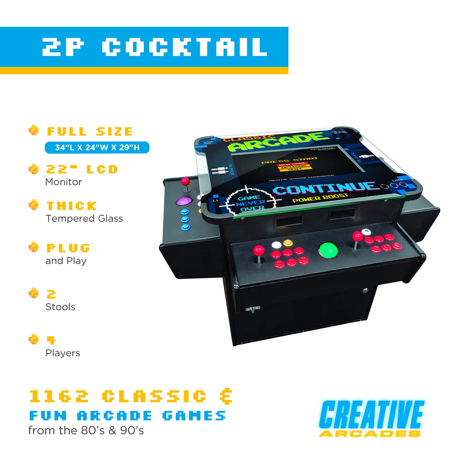 Creative Arcades Full Size Commercial Grade Cocktail Arcade Machine | 2 Player | 1162 Games | 22" LCD Screen | 3 Sided | Square Glass Top |4 Sanwa Joysticks | Trackball | 2 Stools | 3 Year Warranty