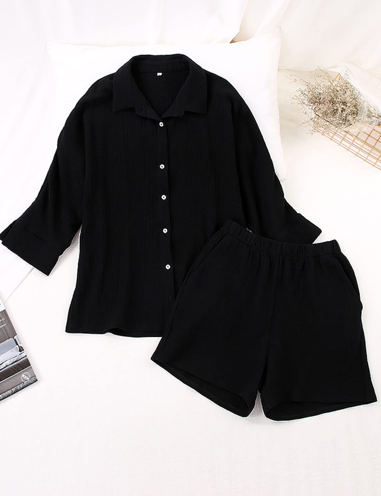 Arssm Cotton Linen 2 Piece Set for Women Casual Half Sleeve Button Down Shirt + High Waist Side Pockets Shorts Set(Black-XL)