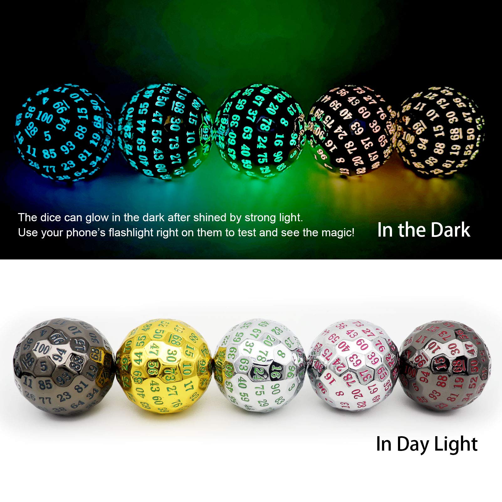 Haxtec D100 Metal Dice 100 Sided Glow in The Dark DND Dice Dungeons and Dragons Pathfinder RPG-Silver Glowing Red Numbers