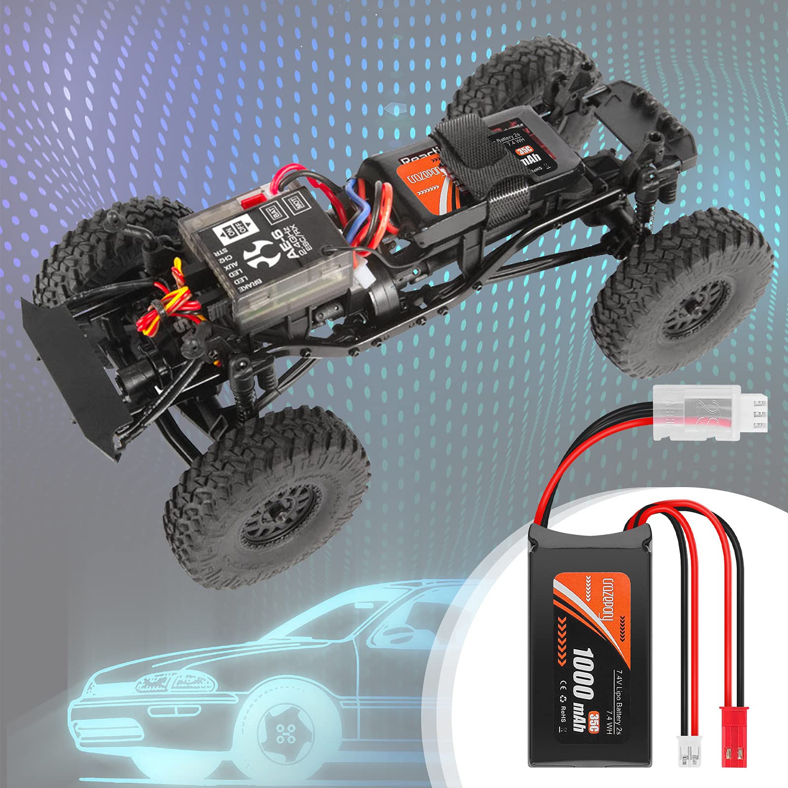 FancyWhoop 7.4V Lipo Battery 2S 1000mAh: 35C Battery with PH2.0 & JST Plug A xial SCX24 Lithium Batteries 2 Pack Rechargeable Batteries for WL Toys RC Car Most 1/10 1/16 1/18 1/24 Scale Racing Trucks