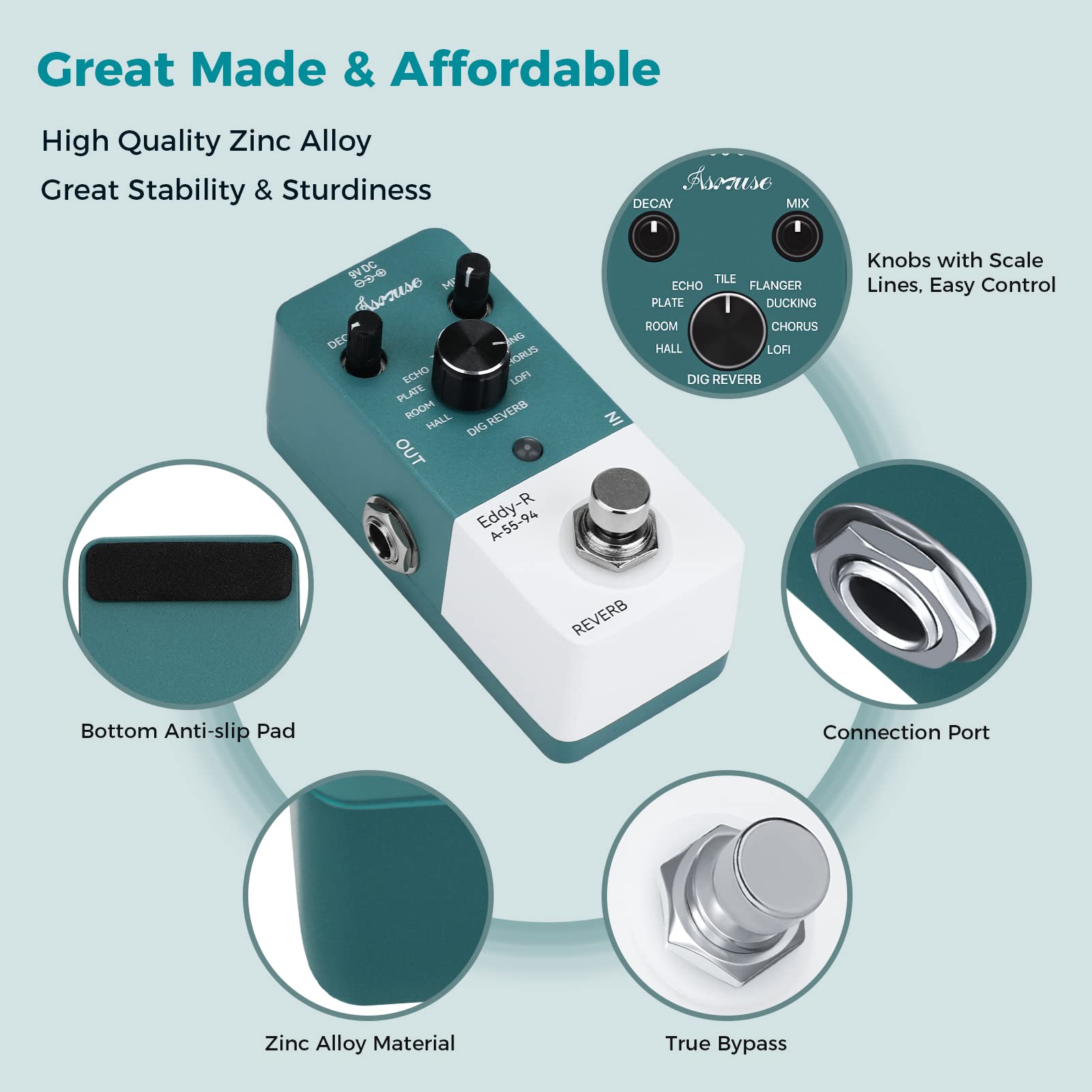 Asmuse Mini Reverb Guitar Pedal, Stereo Digital Effects Small Pedal, 9 Reverb Effects - Hall, Room, Plate, Echo, Tile, Flanger, Ducking, Chorus, Lofi, True Bypass, USB or 9V Power Supply