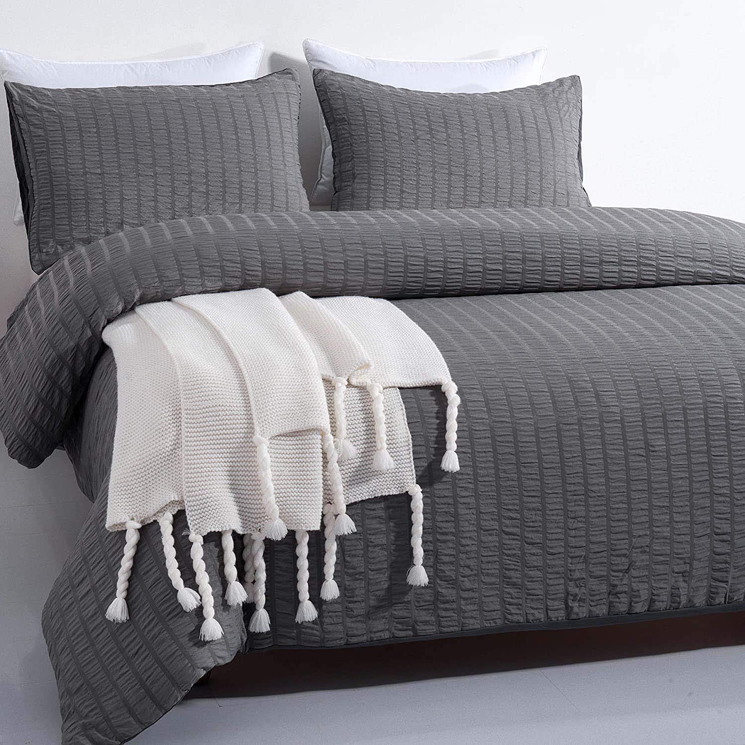 Cozyholy Seersucker Duvet Cover Set Queen Size 3 Pieces Dark Grey Textured Bedding Duvet Cover Ultra Soft Lightweight Microfiber Comforter Cover Set with Zipper Closure Corner Ties