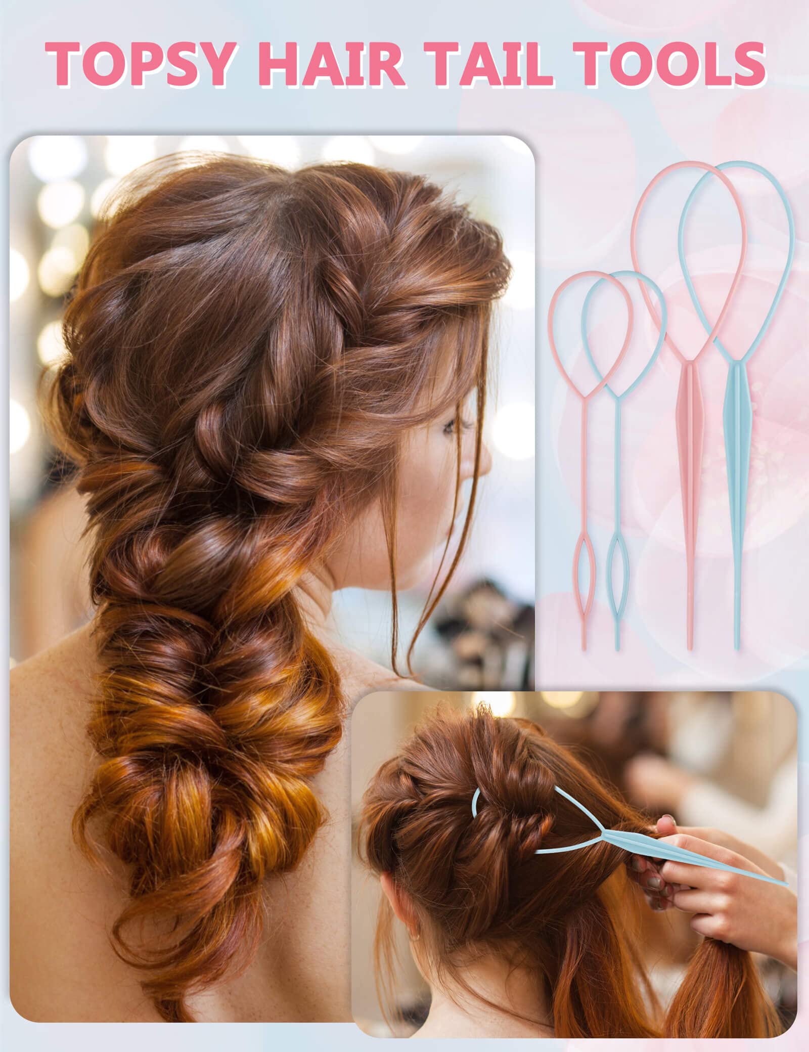 FILOVEMODA Hair Styling Kit: Tail Braiding Tool, 4 French Braid Loops, 100 Clear Mini Elastics, 10 Elastic Hair Ties