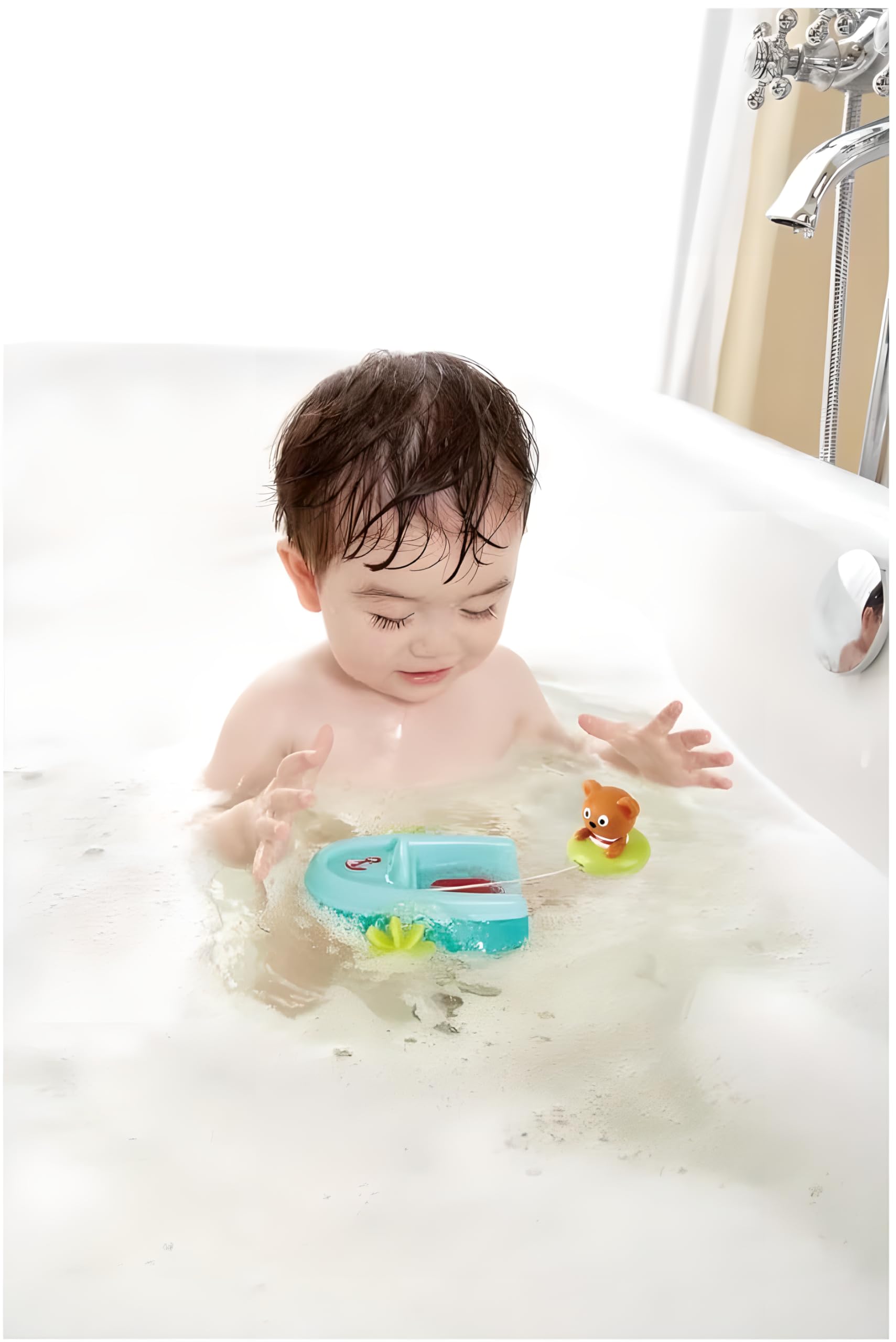 Hape Tubing Pull-Back Boat Bath Toy| Teddy Bear Floating Paddle Boat Bath Toy| Bathtub Shower Toy for Toddlers