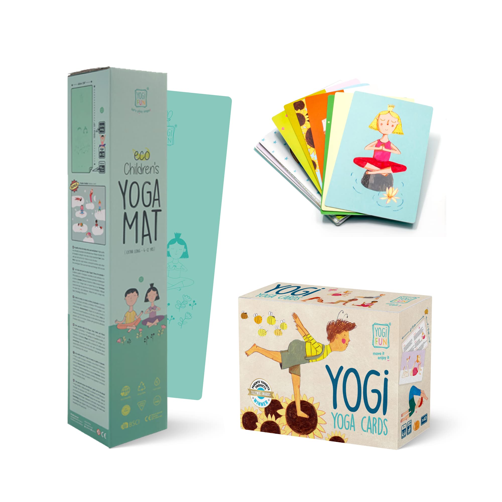 Yogi Fun - Yoga Cards and Yoga Mat, Educational Yoga Cards with Illustrations of Yoga Poses, Yoga Mat Set with Leaflet, Poster, 2 Sequences for Practice with 12 Poses Exercise Mat, Tested and Approved