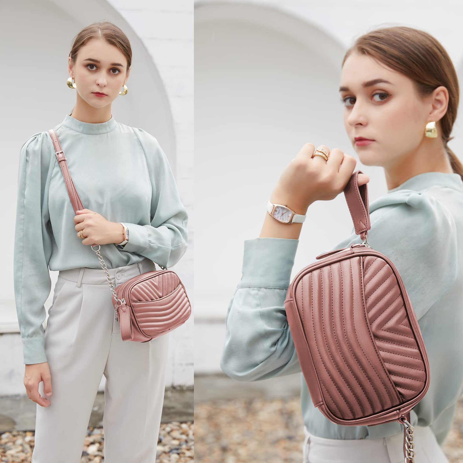 Crossbody Bags For Women, Small Quilted Purses Lightweight Camera Bag Stylish Double Zipper Shoulder Purse And Handbags Beige