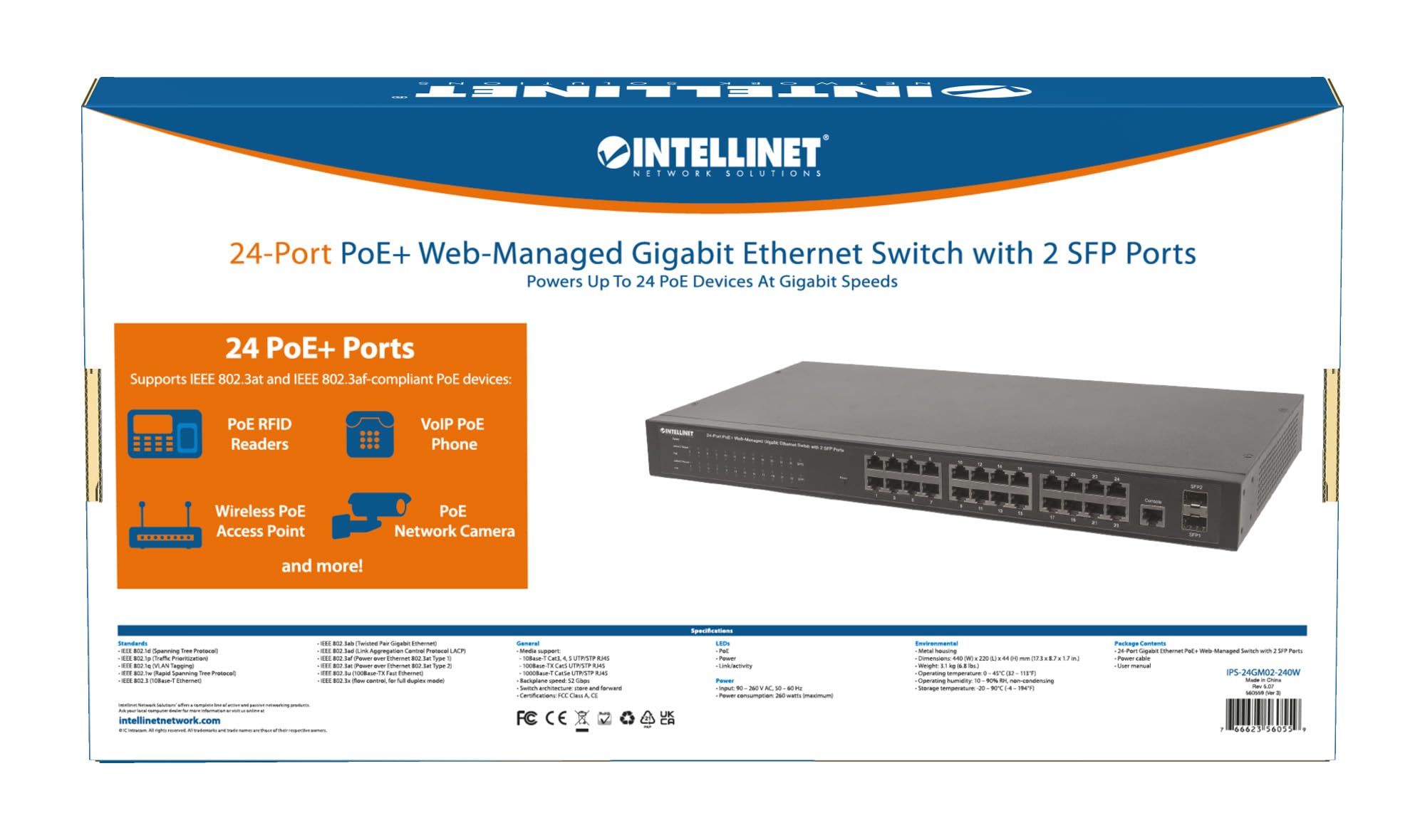 Intellinet 24 Port PoE Web Managed Gigabit Ethernet Switch with 2 SFP Ports - 240W Power Budget, Self Healing Network, SNMP Management, Endspan, 19" Rackmount - 3 Yr Mfg Warranty - 560559