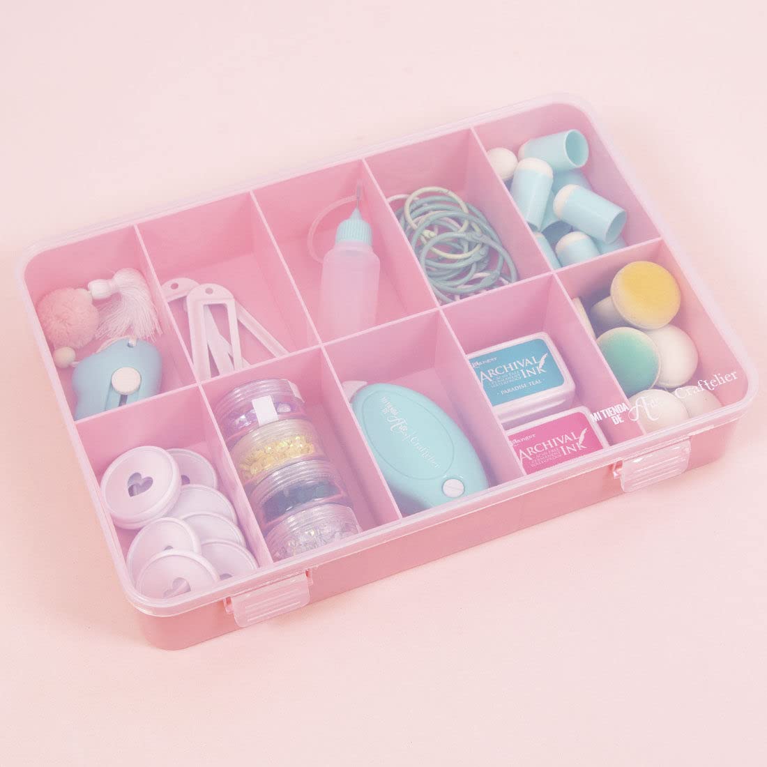 Craftelier - Organizing Box with 10 Compartments for Scrapbooking and Craft Materials | Dimensions 26.5 x 17.8 x 4.2 cm (10.4β x 7β x 1.65") - Pink and Transparent Color