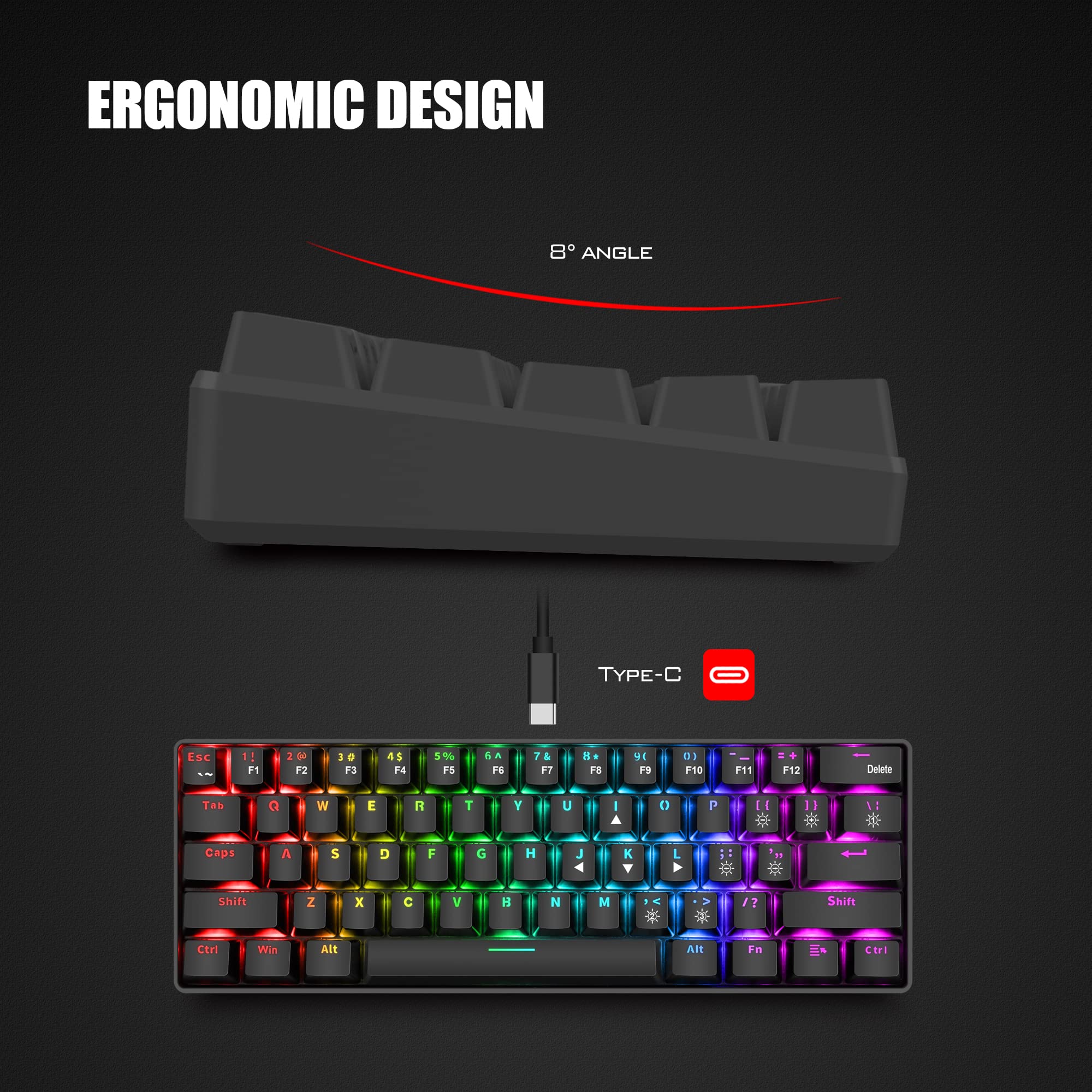 RedThunder 60% Wired Mechanical Gaming Keyboard, 61 Keys Ultra-Compact Keyboard, PBT Keycaps, RGB Backlight for PC (Brown Switch, Black)