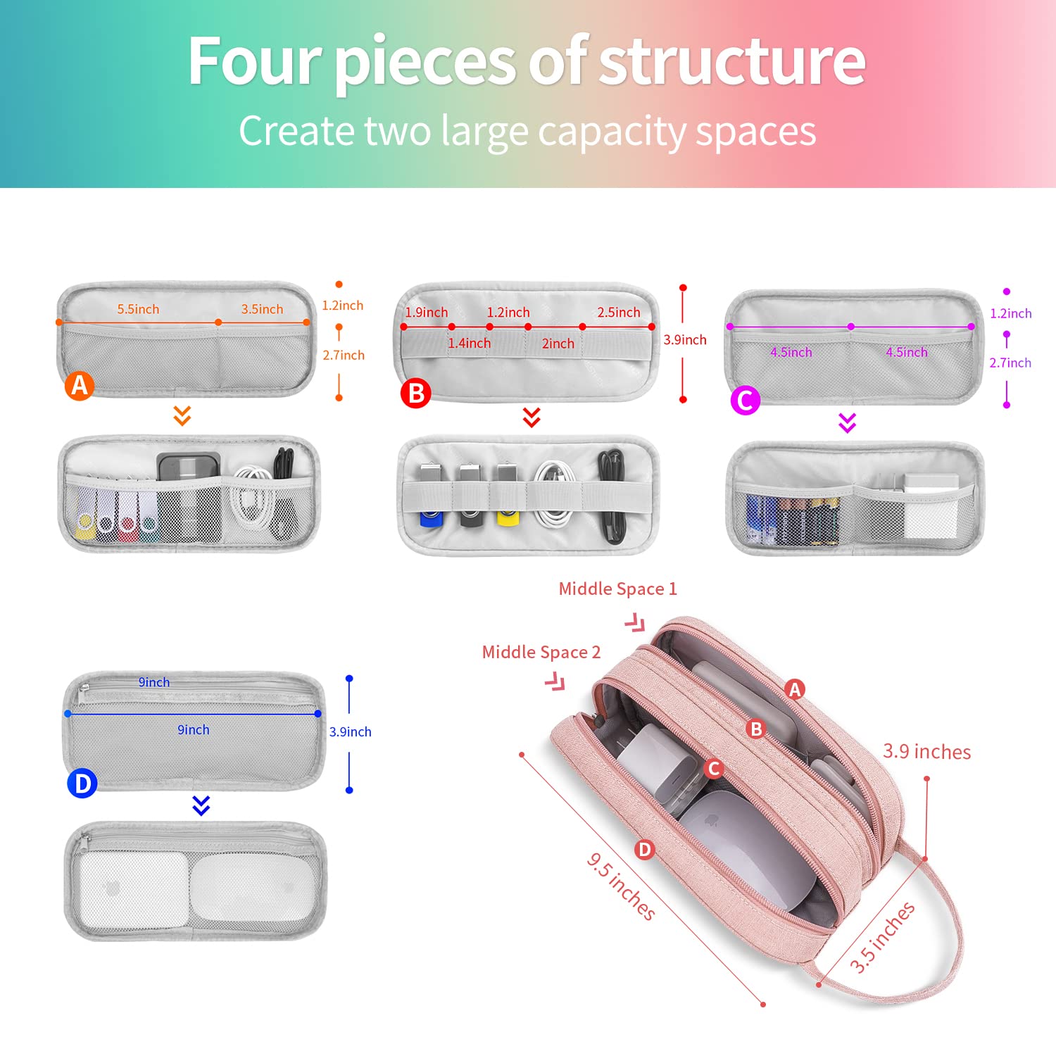 HESTECH Electronic Organizer Travel Case Cord Organizer Traveling Bag Tech Organizer Pouch for Charging Data Cable,Charger,Phone,Power Bank,Mouse,USB Flash Drive,Earphone,Pink with 5PCS Cables Ties
