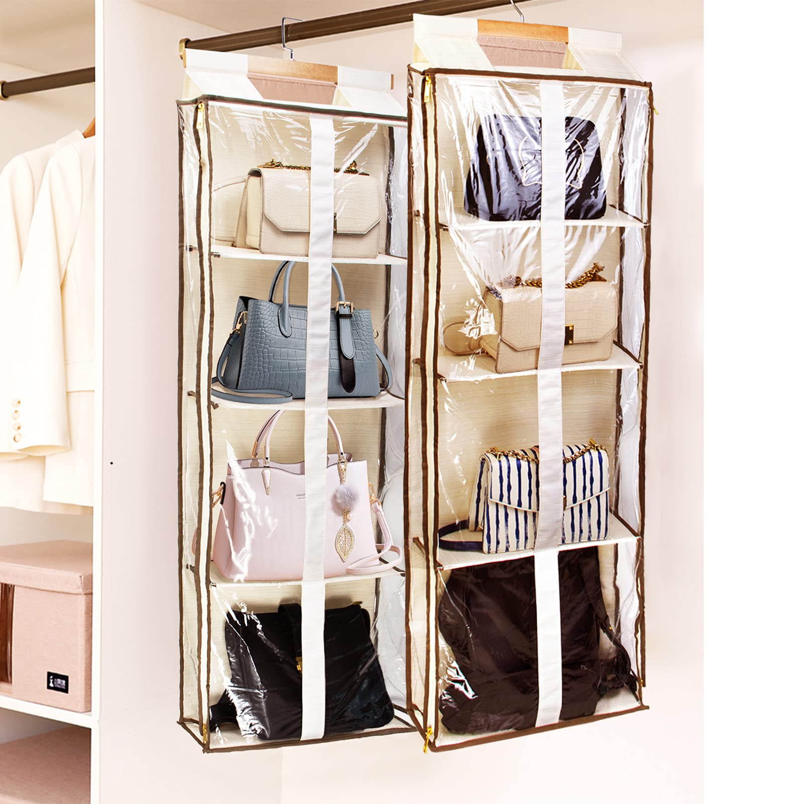 Clear Closet Hanging Handbag Organizer with Zippers, KMOTASUO Easy Access Wardrobe Tote Bag Purse Storage Holder Over The Door Space Saving Shelf Pocket for Bedrooms Living Room