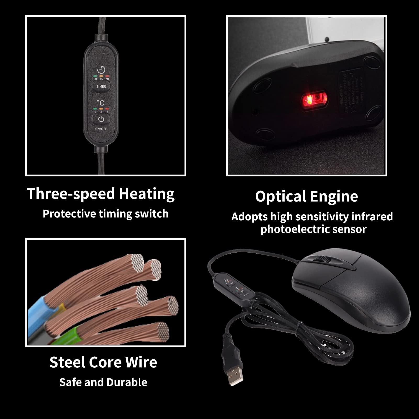 Zhiyavex Wired Gaming Mouse,1600DPI Ergonomic Mice,Heated Mouse with 3 Speed Temperature Adjustment/Timing,USB Photoelectric Mice,3D Non Slip Roller,for Laptop PC Desktop Notebook, black