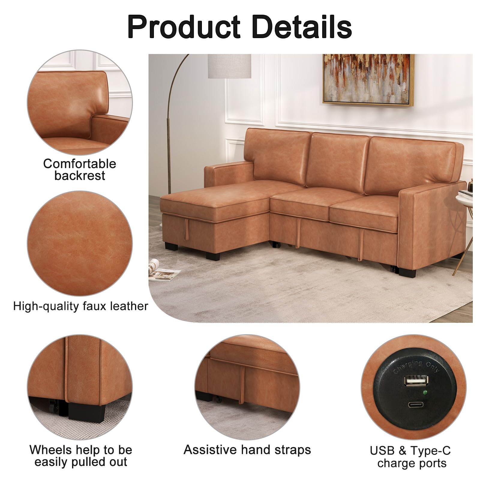 CANMOV Convertible Sleeper Sofa 3 in 1, Faux Leather Chaise Convertible Sofa Bed with Reversible Chaise L Shaped Sleeper Sofa with Storage, Couch Bed Sofa Pull Out Sofa Beds, Brown