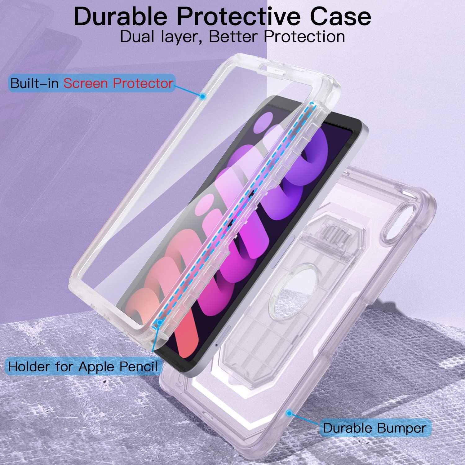 Cantis Clear Case for iPad Mini 6 8.3 inch 2021, [Built-in Screen Protector] & [Pencil Holder] Dual Layer Full-Body Shockproof Rugged Protective Case for iPad Mini 6th Generation, Clear