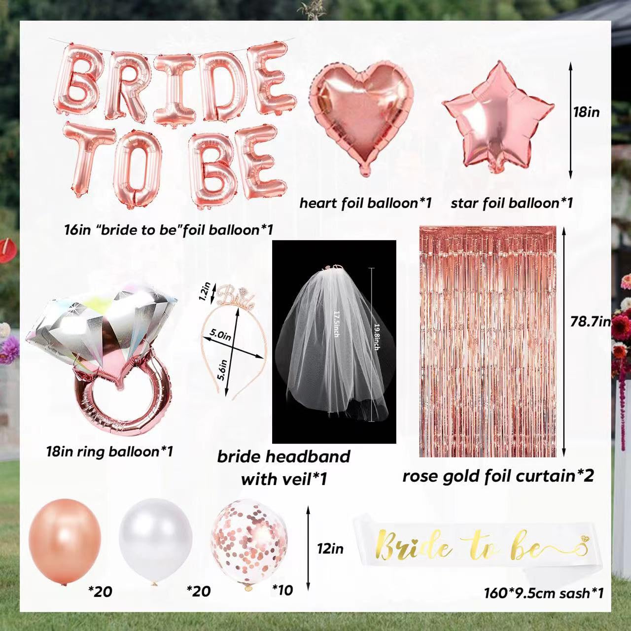 Exquisite Bachelorette Party Rose Gold Kit - Bride to Be Sash, Elegant Bride Headband with Veil, Bride Balloons and Foil Curtain| Bridal Shower Decorations