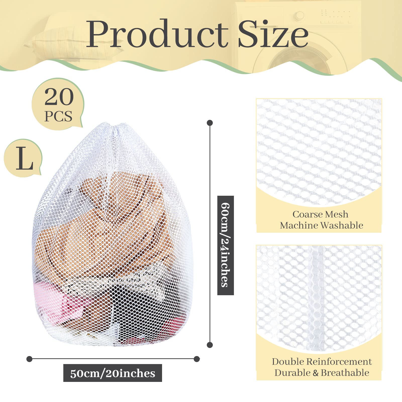 Mesh Laundry Bags with Drawstring 20 x 24'' Machine Washable White Laundry Mesh Bag Sturdy Large Net Laundry Wash Bag for Dormitory College Apartment Travelling Camping(20 Pcs )