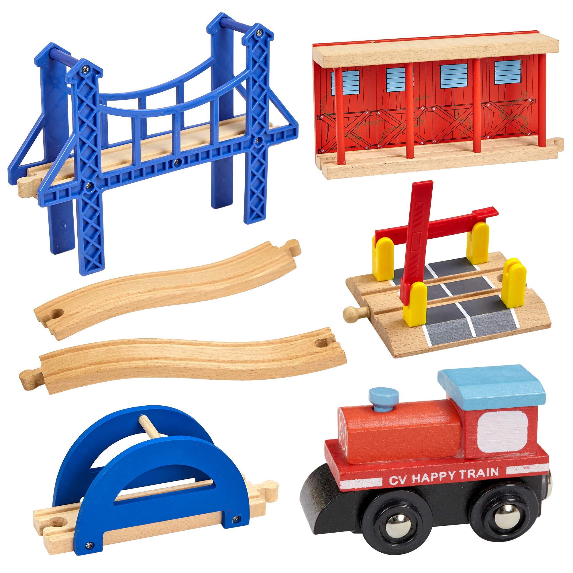 Dragon Drew Wooden Train Accessory Set â Includes Train Car, Station Platform, Raised Bridge and Tracks and Railroad Crossroad - Compatible with Brio, Thomas, Chuggington and All Major Brands