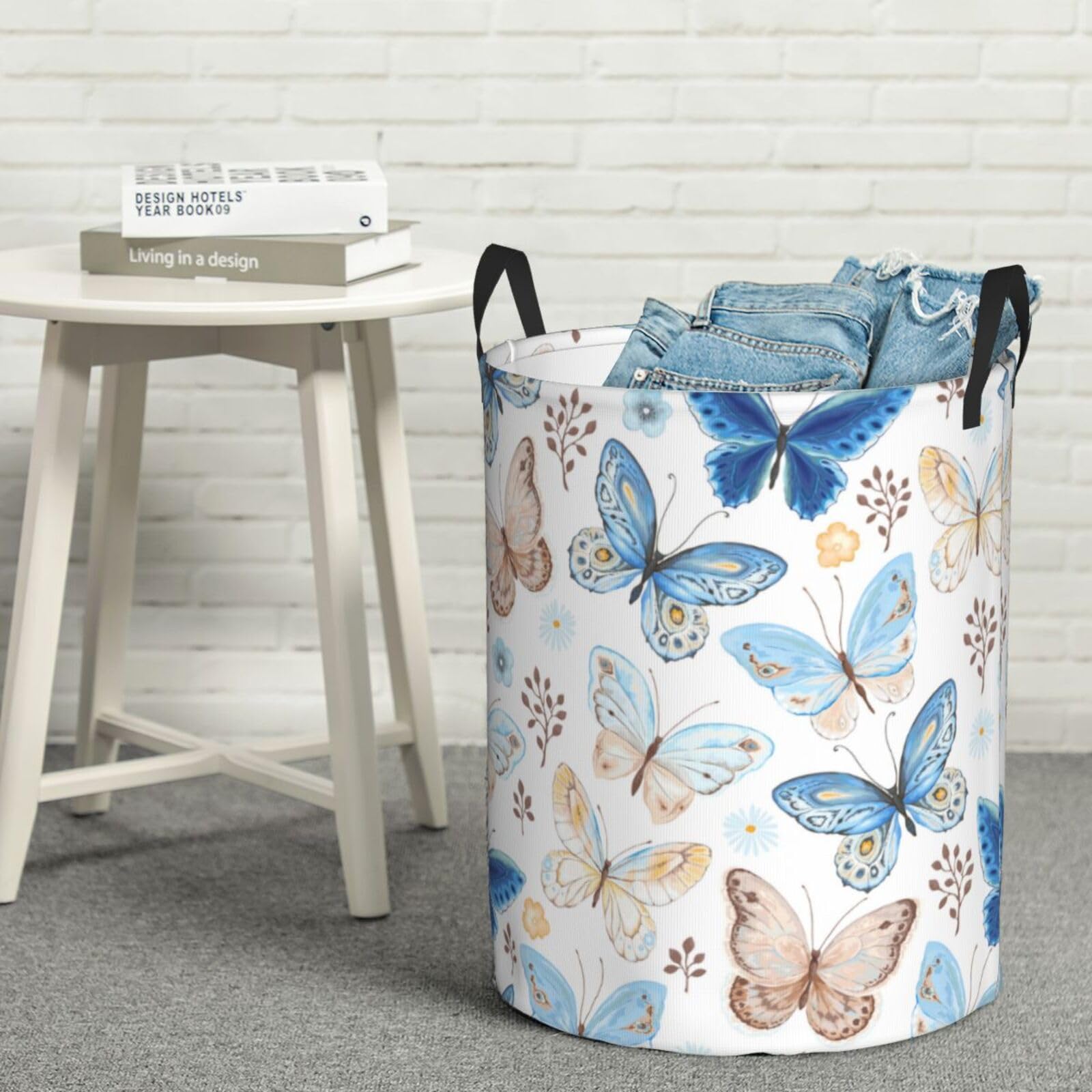 Blue Brown White Butterfly Freestanding Laundry Hamper Personalized Dirty Clothes Hamper Storage Basket For Bedroom,Bathroom,College Dorm Boys And Girls Cat Dog Pet Toy Storage