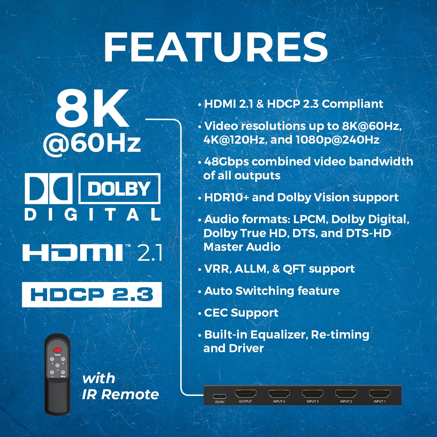 OREI 8K HDMI 2.1 Switch 4x1, Switcher UltraHD Supports Upto 4K @ 120Hz VRR, Dolby Vision, ALLM, Audio SwitchingPS5, Xbox, Gaming, Remote Contorl IR HDCP 2.3 CEC