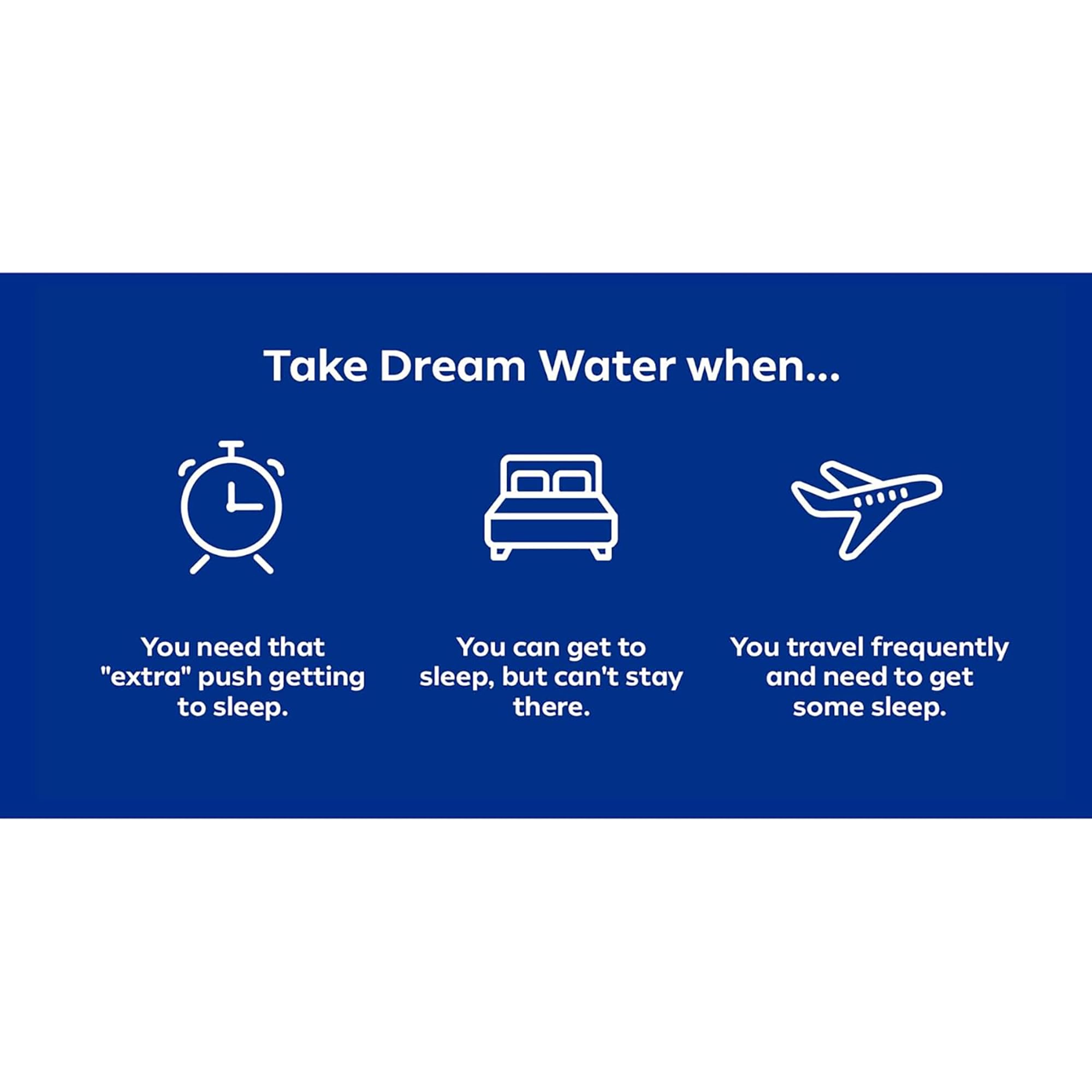 Dream Water Sleep Aid Supplement Drink; Melatonin 5mg, GABA, 5-HTP; Zero Sugar, Natural Flavors, No Added Colors, 2.5 oz Liquid Sleep Shots, Snoozeberry, 4-Count