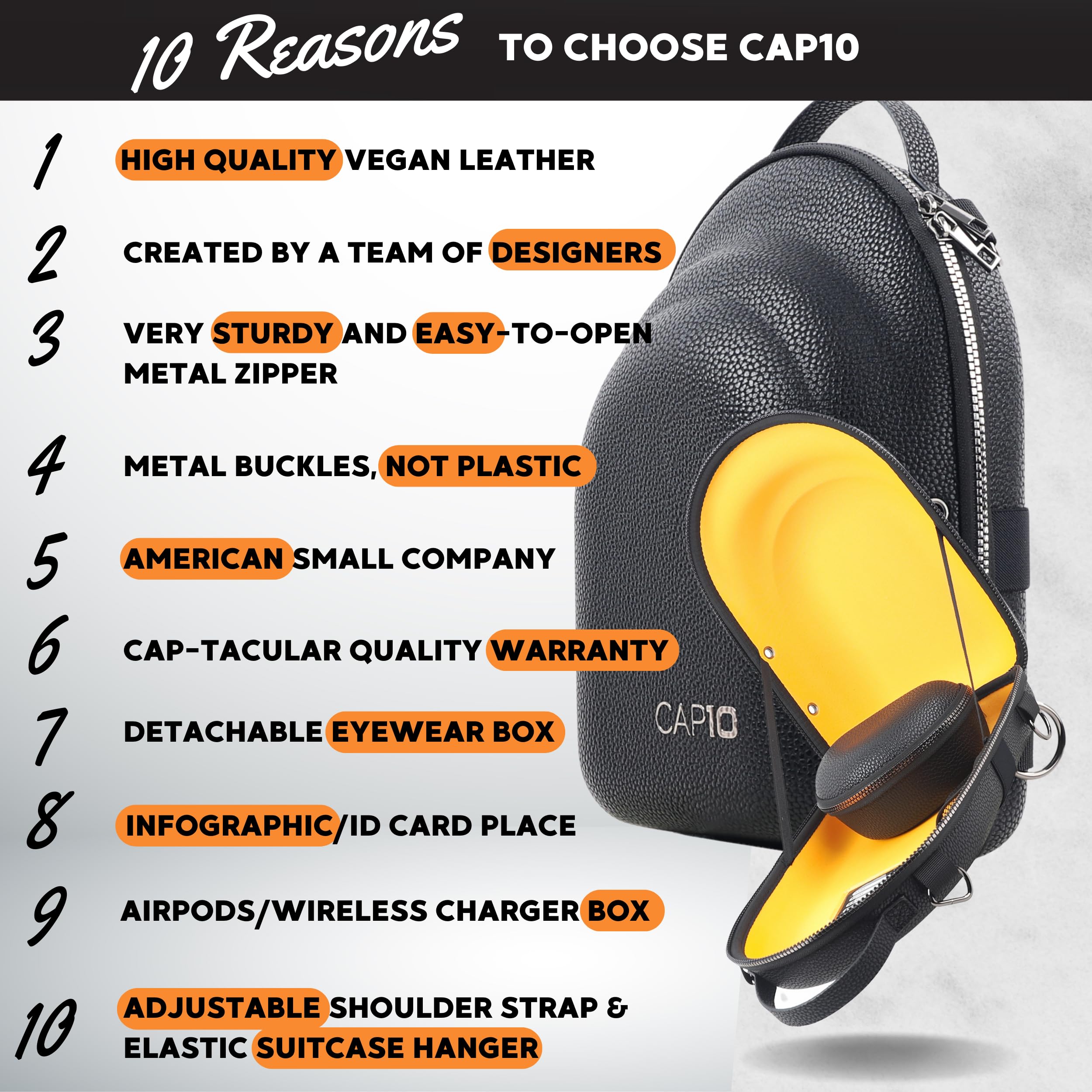 CAP10 Premium Hat Travel Case & Box - Superior Vegan Leather Cap Carrier & Organizer for Baseball Caps, New Era | Stylish Travel Hat Box for Ultimate Storage & Protection, Detachable Eyewear Box