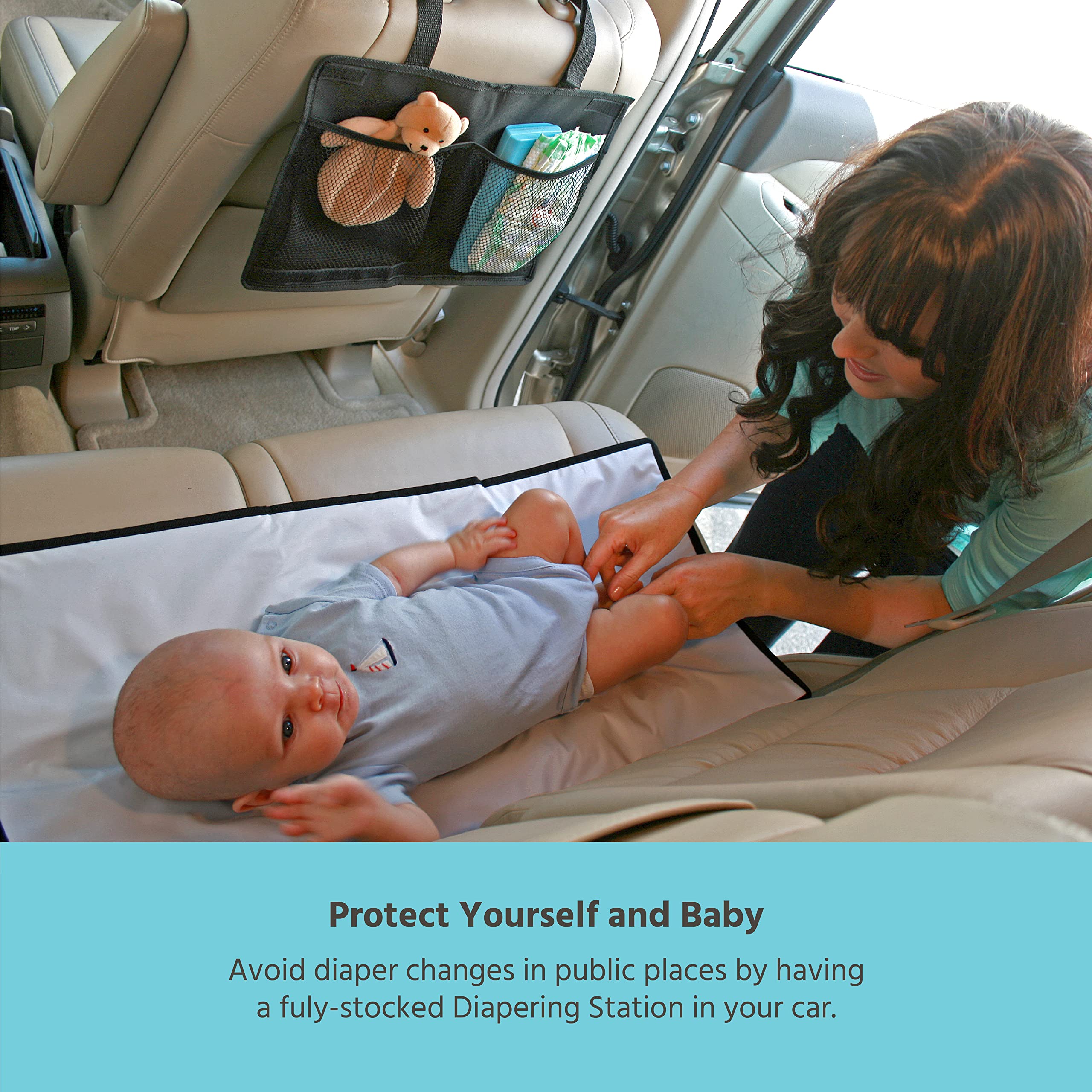 J.L. Childress Pockets 'N Pad Portable Diaper Changing Station for Your Car - Detachable, Foldable, Extra-Large, Extra-Long Changing Pad for Travel, 36" x 18" - Storage Pockets- Black