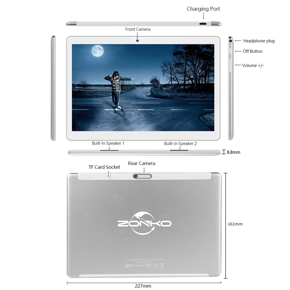 ZONKO 10 inch Tablet, Android 9.0 Pie, Octa-Core Processor, 5G Wi-Fi,10 inch Android Tablets, 32GB Storage, 1920x1200 IPS HD G+G Display, GPS,Metal Body,Silver