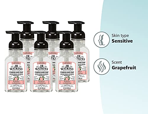 J.R. Watkins Foaming Hand Soap Pump with Dispenser, Moisturizing All Natural Hand Soap Foam, Alcohol-Free, Cruelty-Free, USA Made, Use as Kitchen or Bathroom Soap, Grapefruit, 9 fl oz, 6 Pack