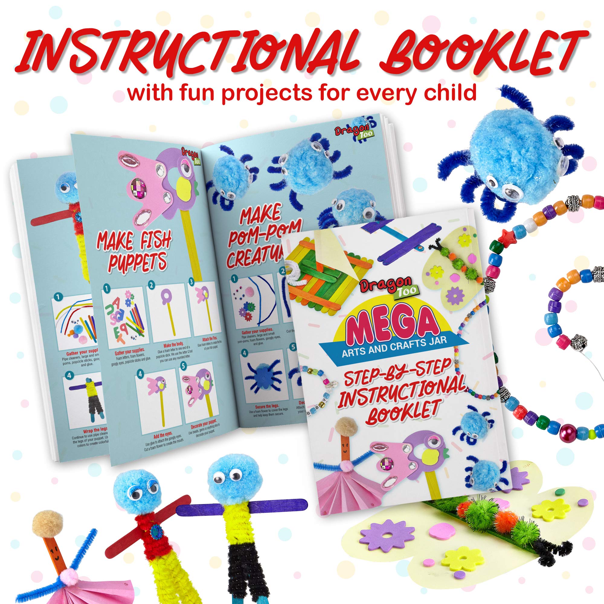 Dragon Too Mega Kids Crafts and Art Supplies Jar Kit - 1000+ Piece Set - Instructional Booklet Included - Revised Glitter Glue, Construction Paper, Popsicle Sticks, Googly Eyes, Pipe Cleaners