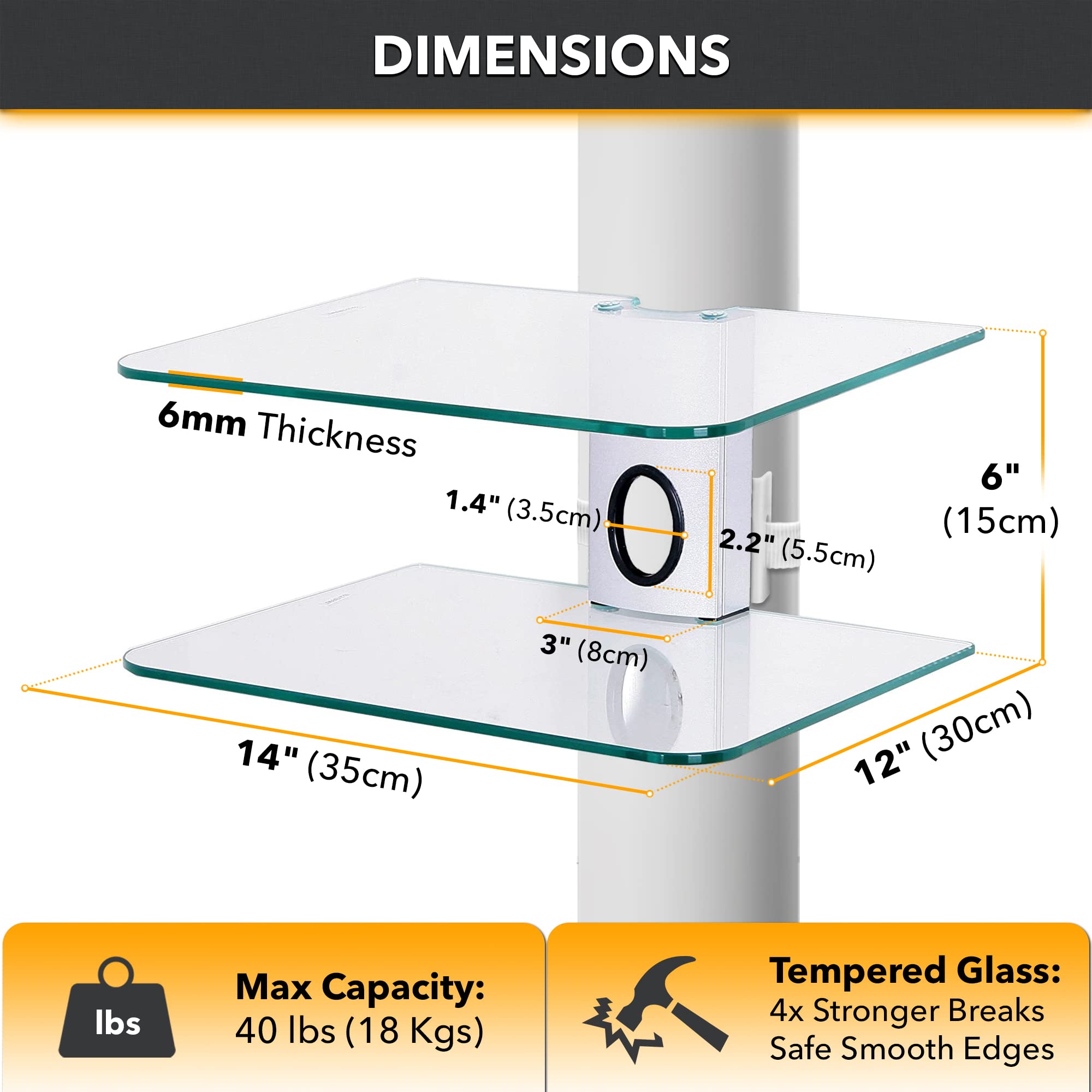 CondoMounts CLMDLSW1002 Pillar & Wall Floating Shelves for Soundbars, Gaming Consoles | No Drill Pillar & Wall Shelf | Holds 40lbs | Fits Pillars 8-in to 48-in Post | Fits No Stud Walls | Clear Glass