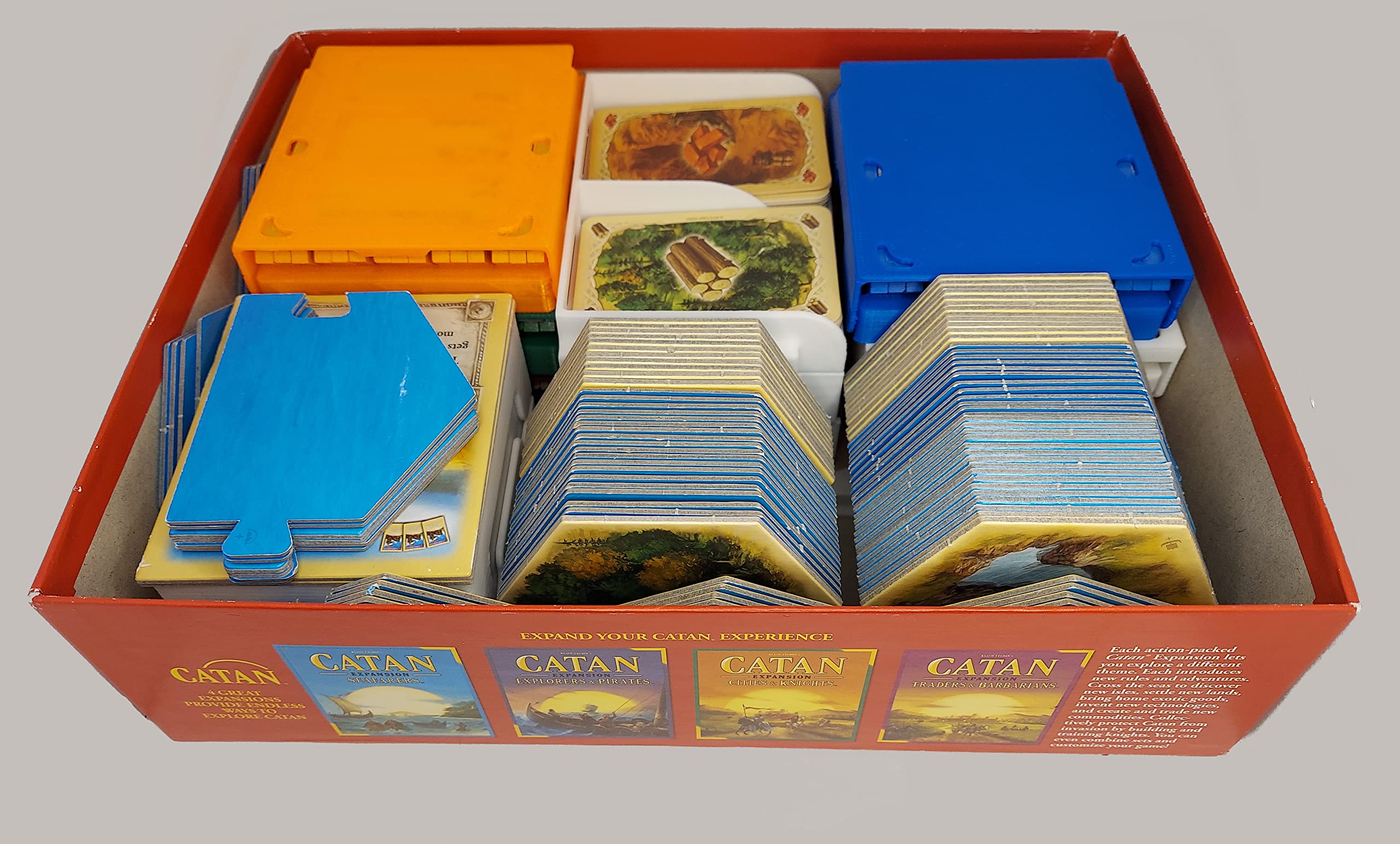 Organizer Insert Compatible with Catan Base Game, Seafarers, and Both 5-6 Player Extensions with Player Trays and Card Holder - White Hexes Holder/Card Tray
