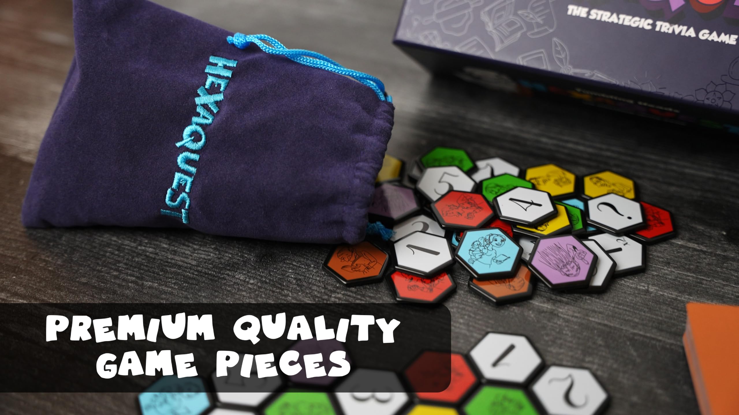 Hexaquest: Strategic Trivia Board Game - 1500 Questions, 6 Categories, 65 Hexagon Tiles, Luxury Bag - Quick to Learn