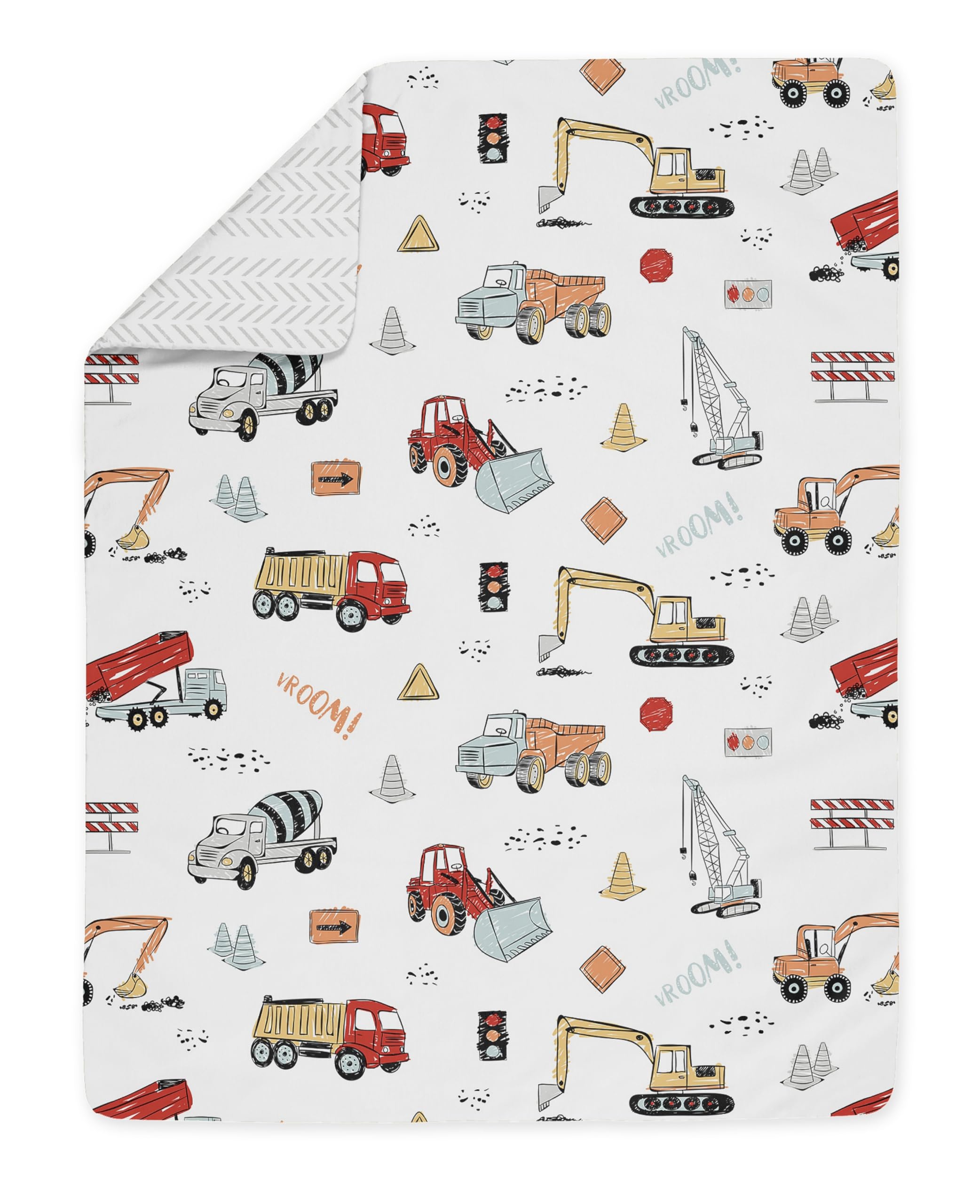 Sweet Jojo Designs Construction Truck Boy Toddler Kid Childrens Comforter Bedding Set - 5 Pieces Comforter, Sham and Sheets - Grey Yellow Orange Red and Blue Transportation Chevron Arrow