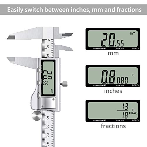 Proster 150mm 6inch Digital Vernier Caliper Stainless Steel Electronic Caliper Fractions/Inch/Metric Conversion Measuring Tool for Length Width Depth Inner Outer Diameter